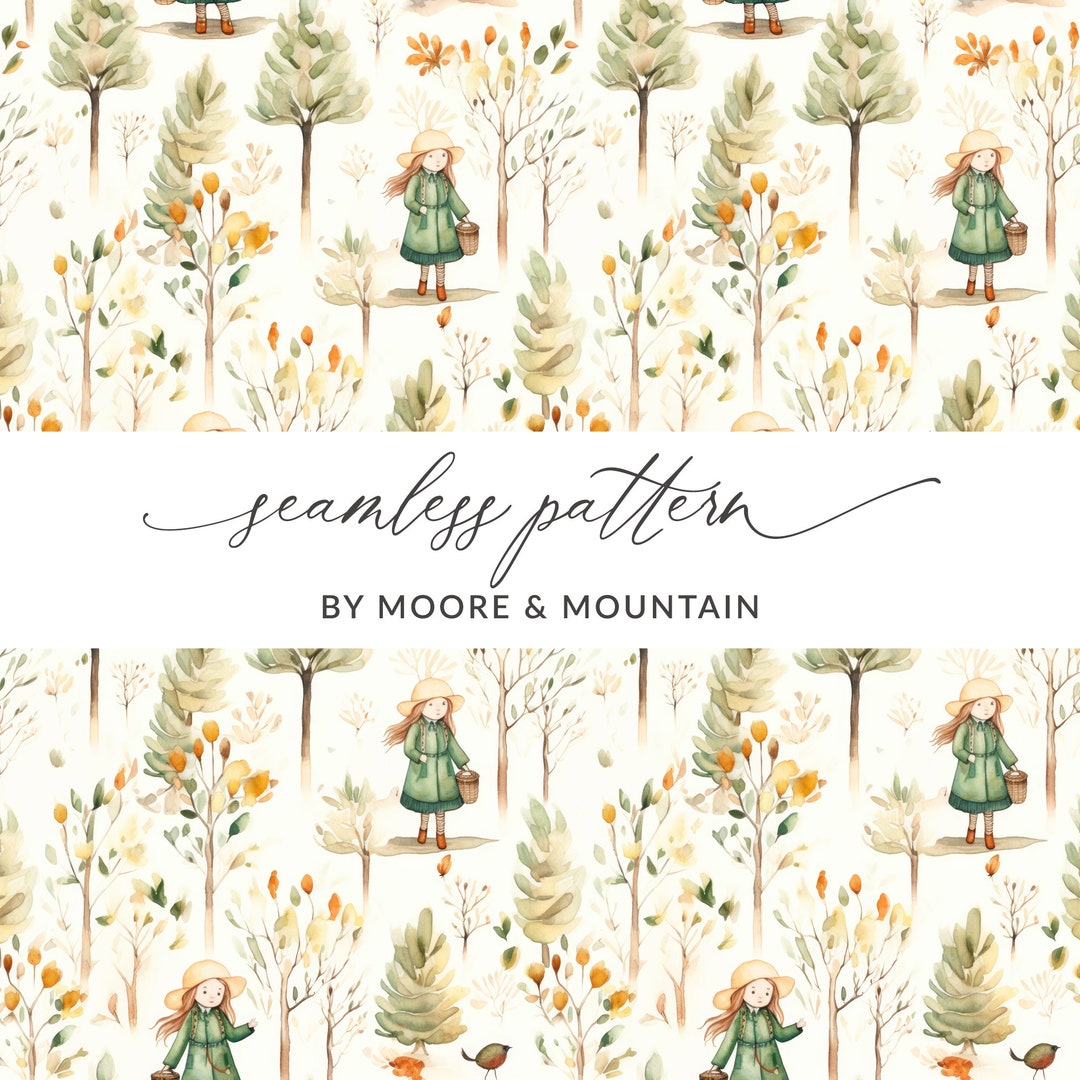 Cottagecore Seamless Forest, Fall Forest Seamless Trees, Cute Girl in ...