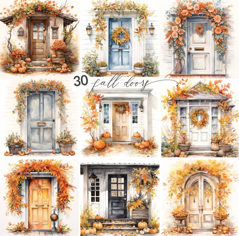 Fall Doors Clipart, Fall Watercolor Doors Clipart, Fall Porch Clipart ...