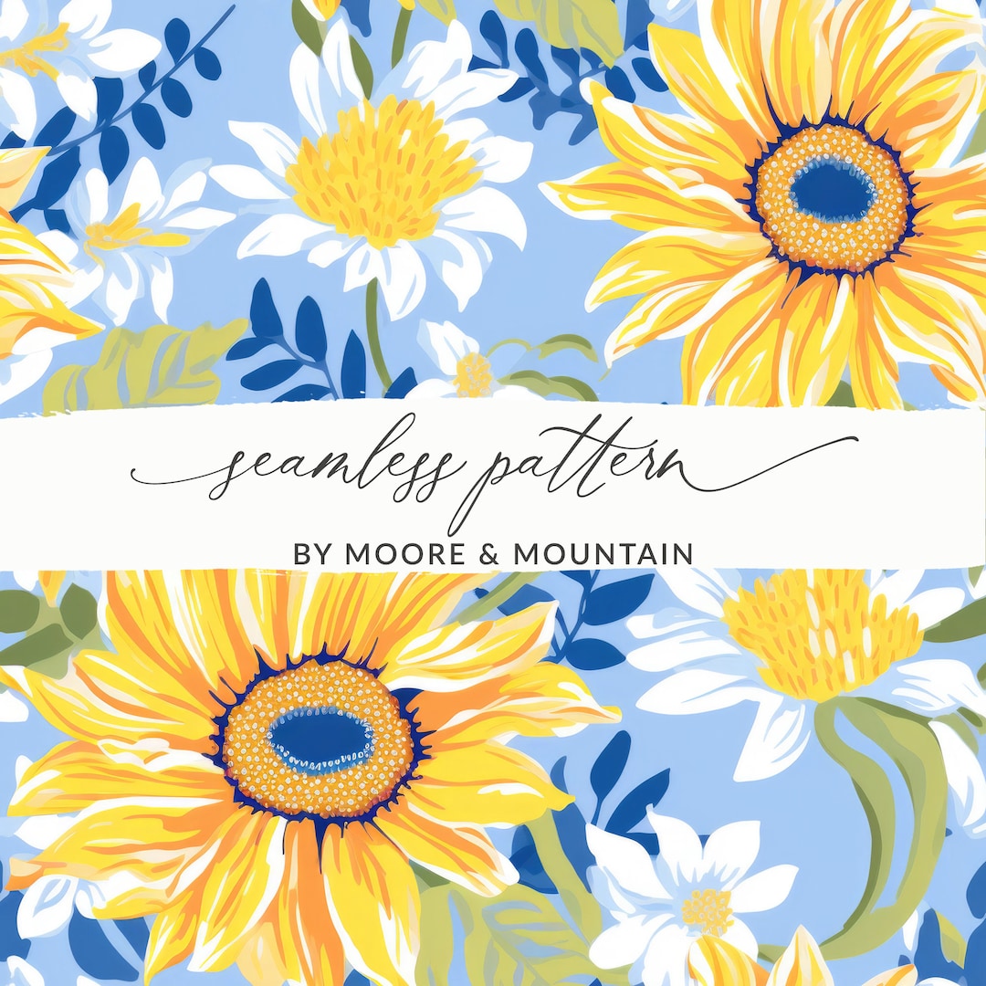 Preppy Sunflower Seamless Pattern, Blue and Yellow Sunflower Background ...