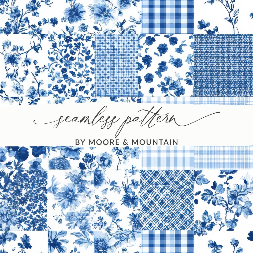 Seamless Blue and White Patchwork Digital Pattern, Seamless Blue ...