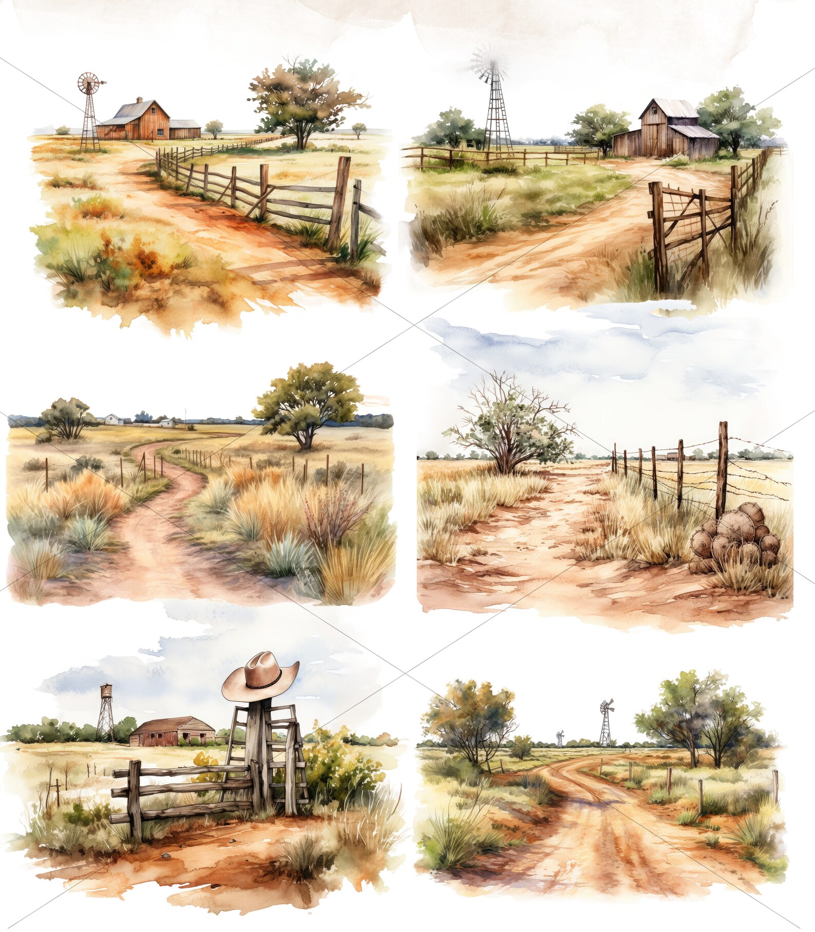 Watercolor Texas Landscape Art Print, Texas Landscape PNG Images ...