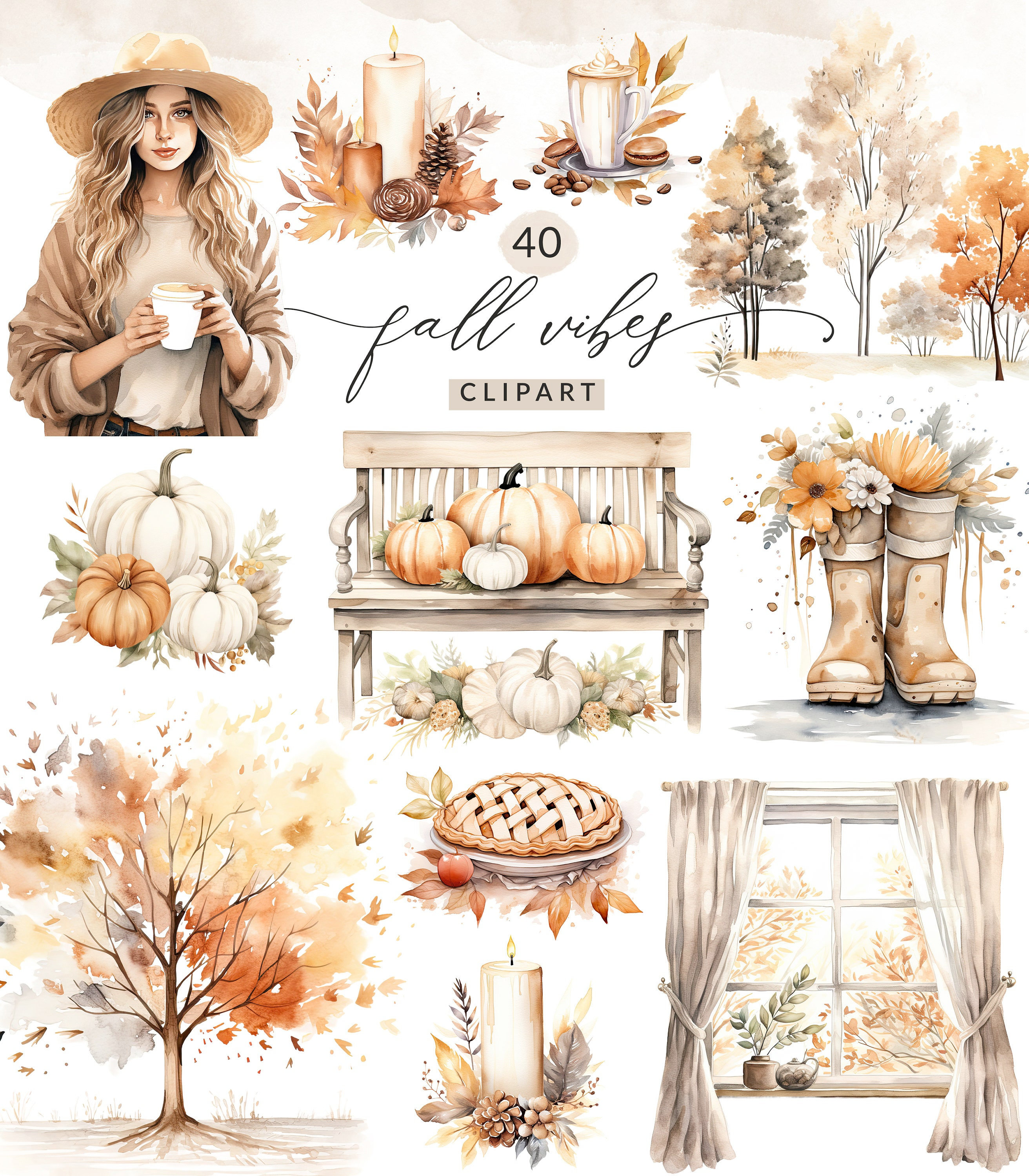 Watercolor Fall Vibes Clipart, Watercolor Fall Aesthetic Clipart ...