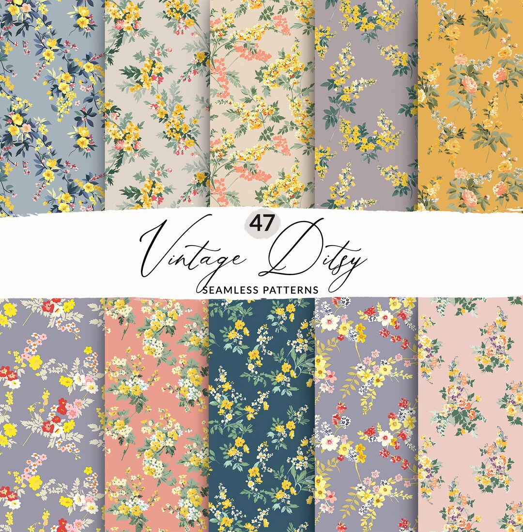 47 Vintage Ditsy Floral Pattern Set, Muted Color Ditsy Flower Patterns ...