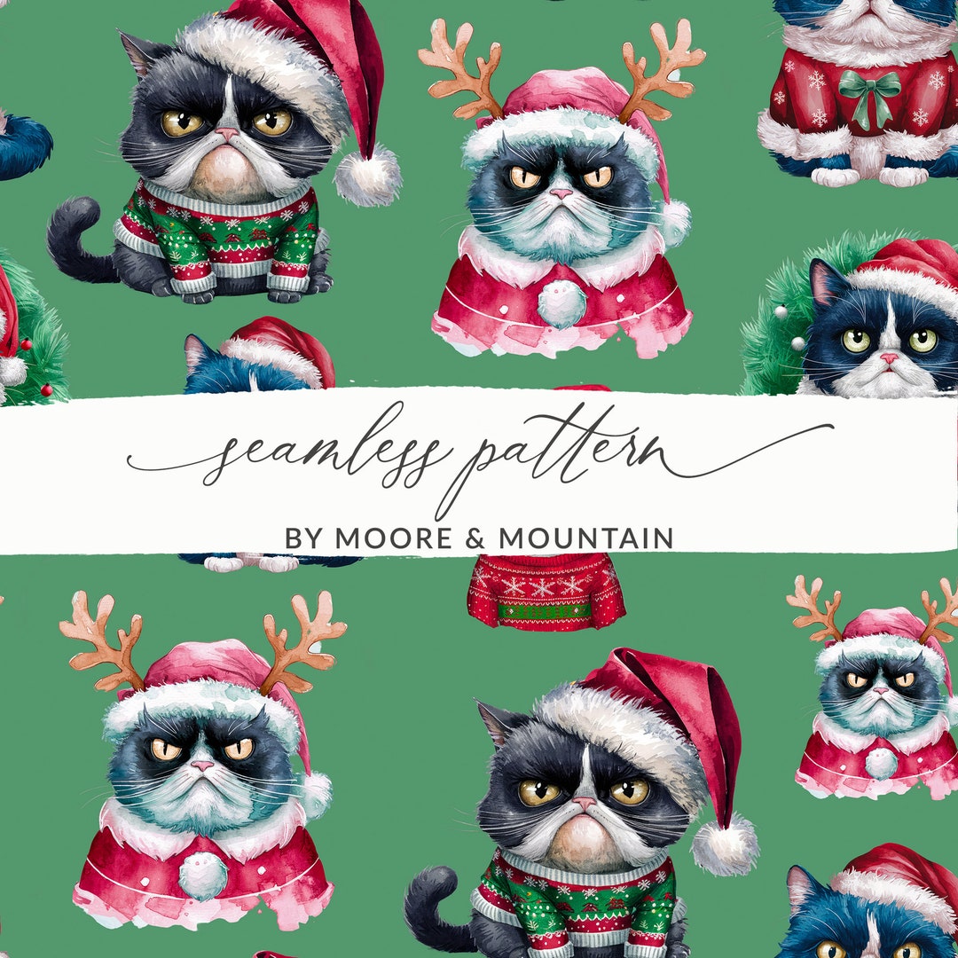 Mad Cat Background Pattern, Christmas Cat Funny Christmas Background ...