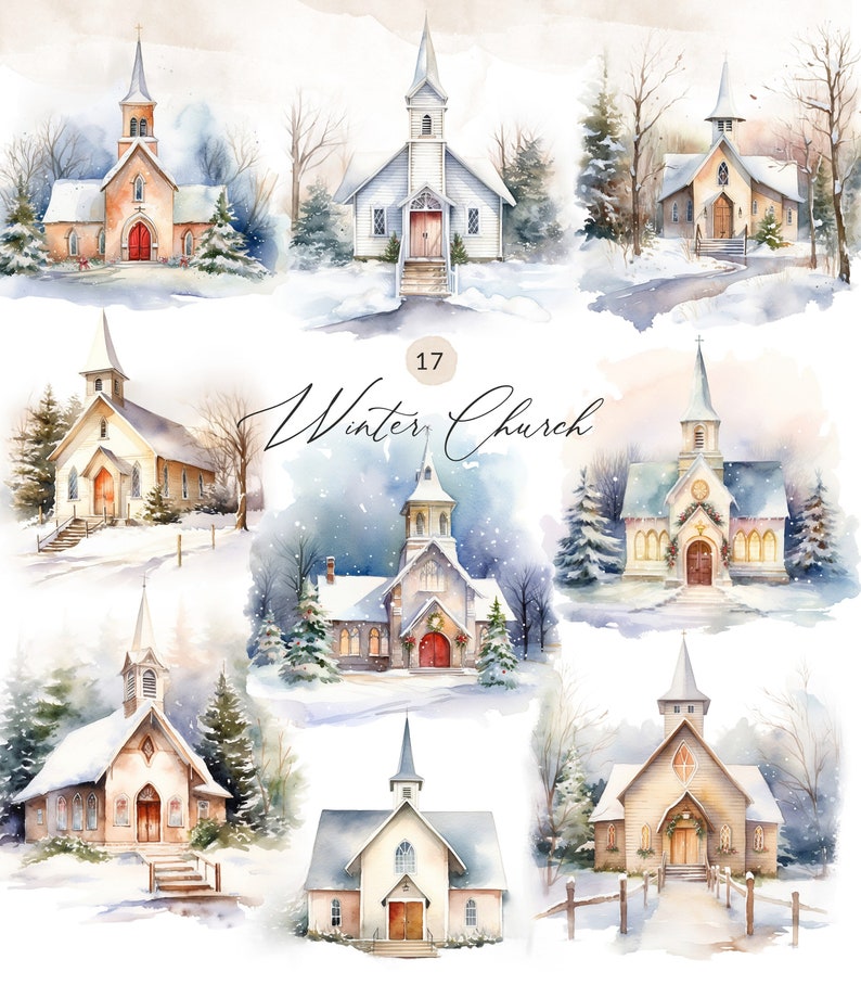 Watercolor Church Clipart, Winter Church Scene, Christmas Church ...