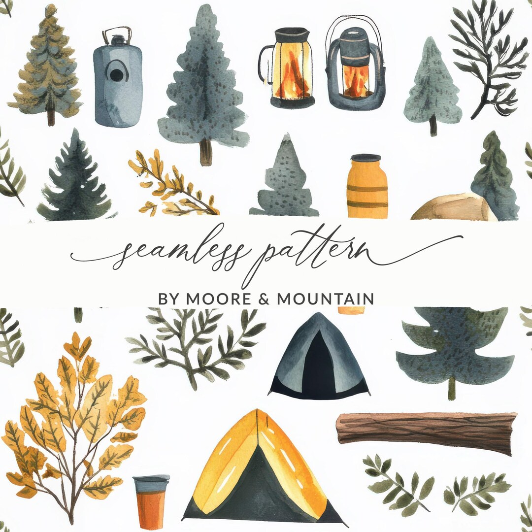Camping Watercolor Digital Paper, Seamless Pattern, Outdoor Adventure ...