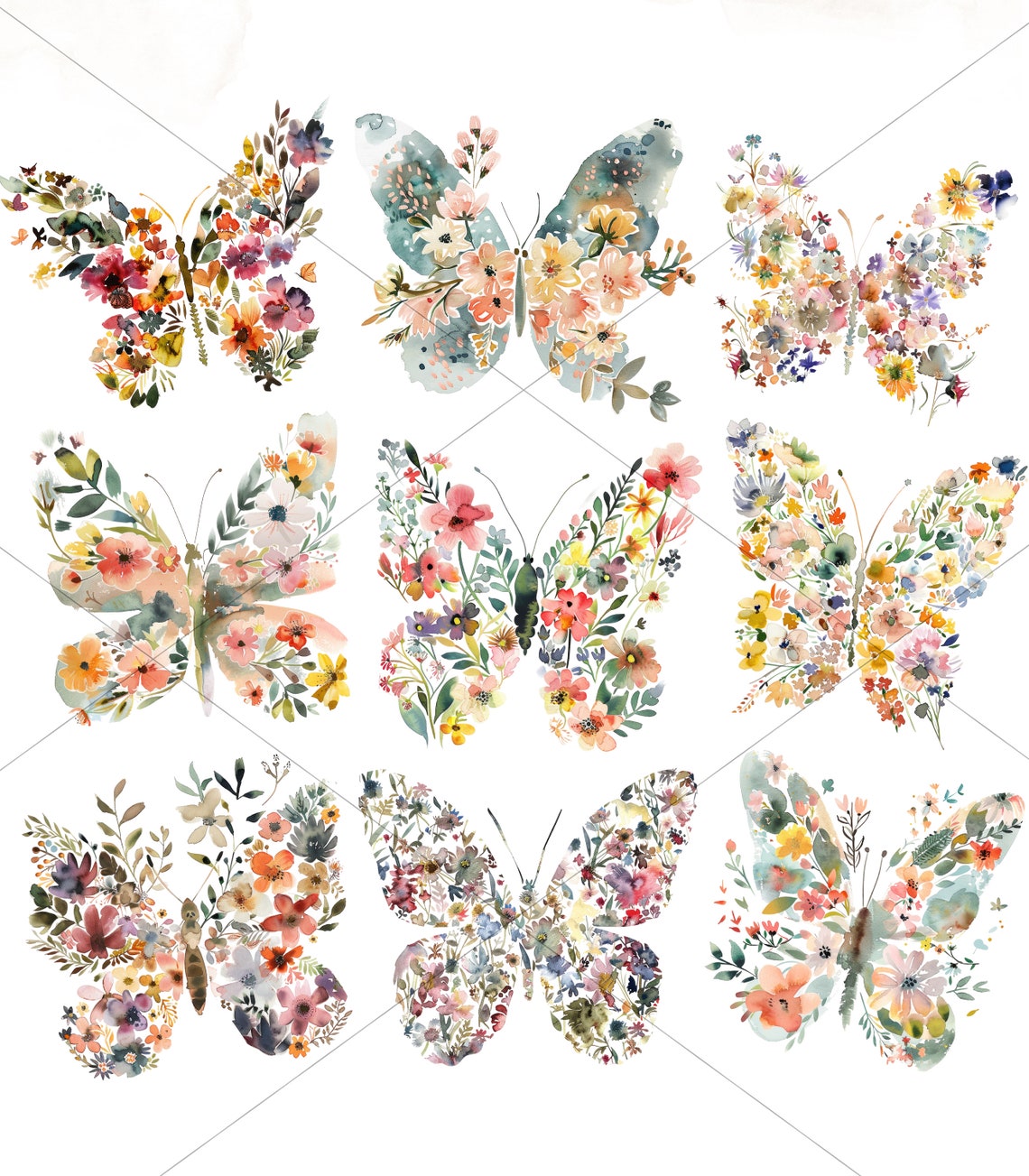 Painted Butterflies Clipart Spring, Boho Butterfly Clipart, Floral ...