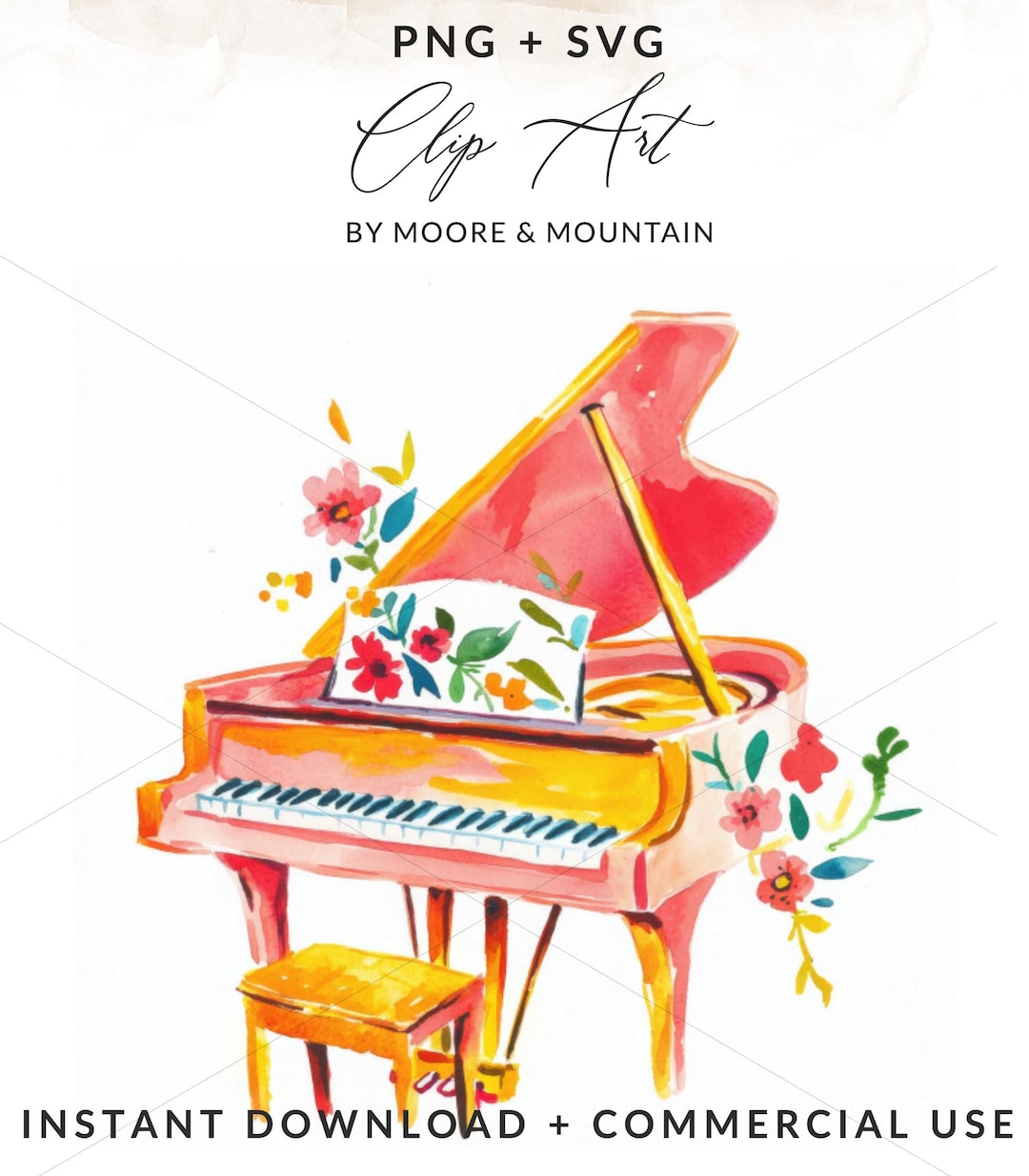 Preppy Floral Piano Digital Art, Watercolor Grand Piano Clipart ...