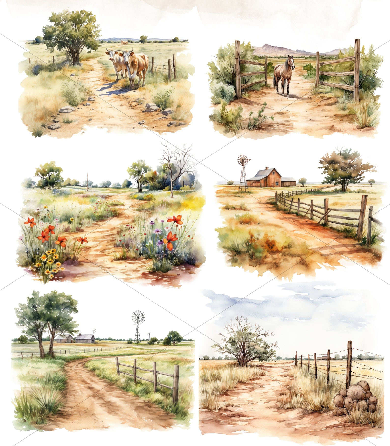 Watercolor Texas Landscape Art Print, Texas Landscape PNG Images ...