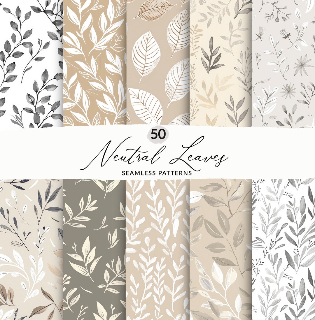 50 Seamless Neutral Pattern, Neutral Leaves Background Patterns Set ...