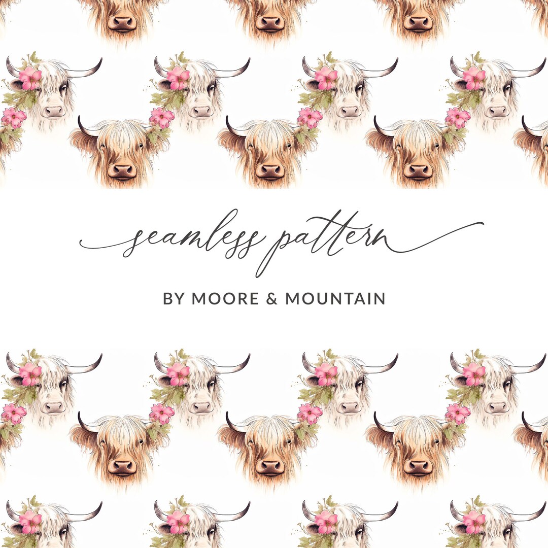Seamless Highland Cow Pattern, Boho Highland Cow Digital Paper ...