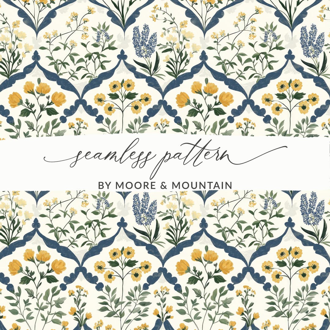 Yellow and Blue Floral Wallpaper Vintage Floral Seamless Pattern ...
