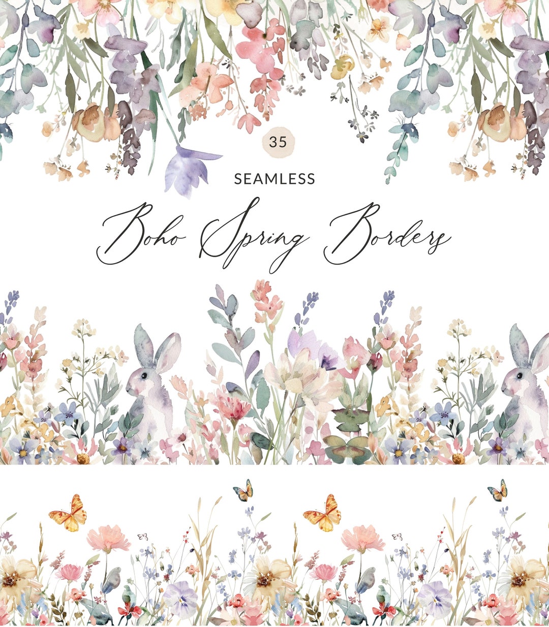 Watercolor Seamless Border Set, Floral Watercolor Borders, Spring Field ...