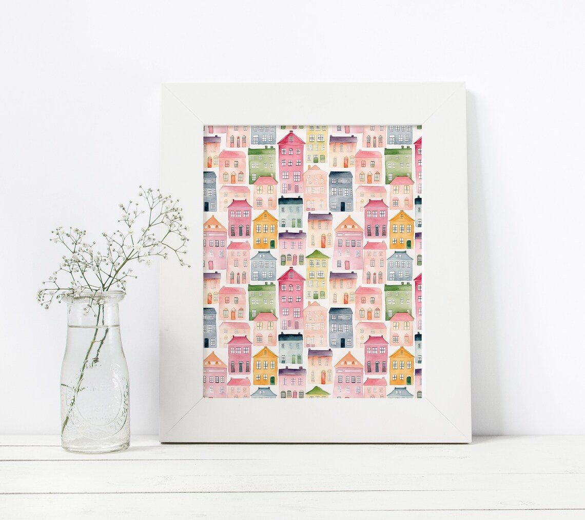 Watercolor Houses Seamless Background, Painted Houses Repeating Pattern ...