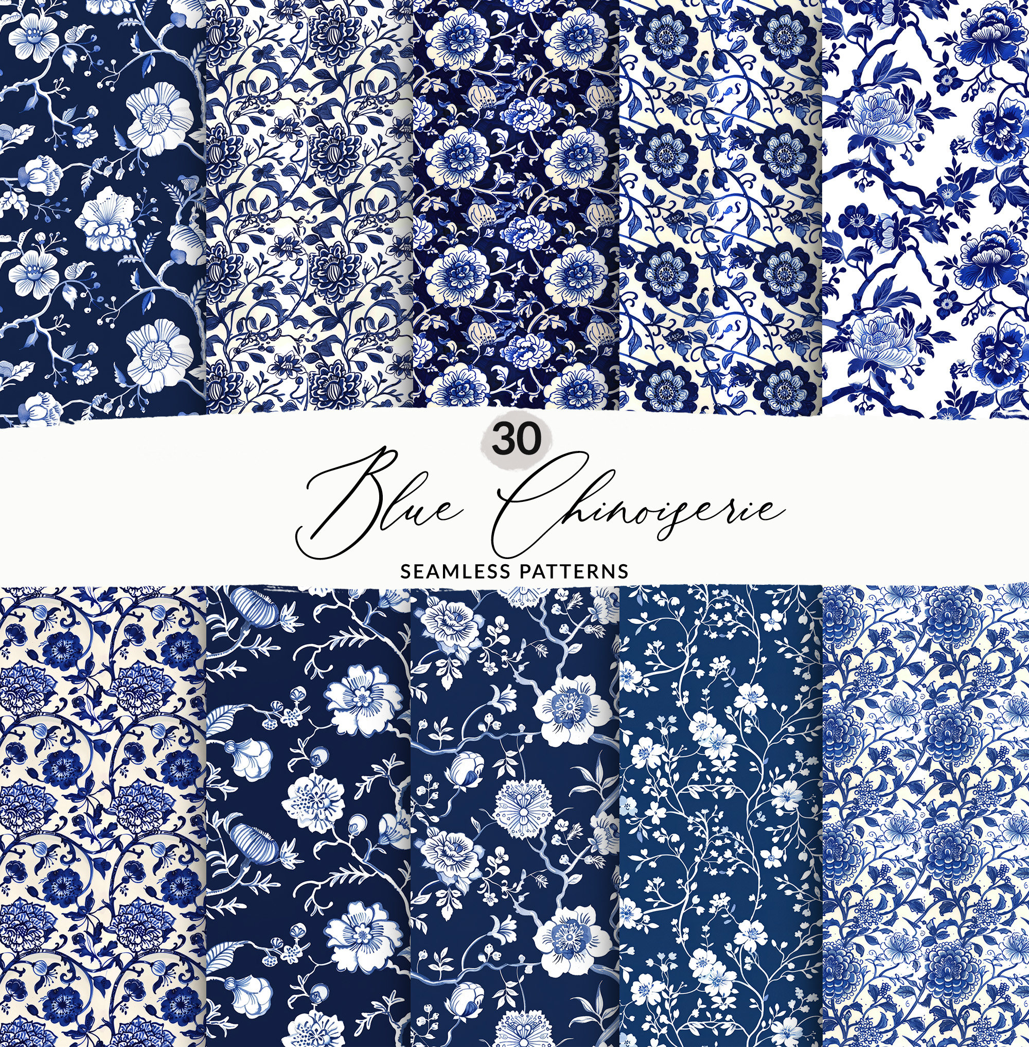 Seamless Chinoiserie Blue Watercolor Patterns, Chinese Floral ...