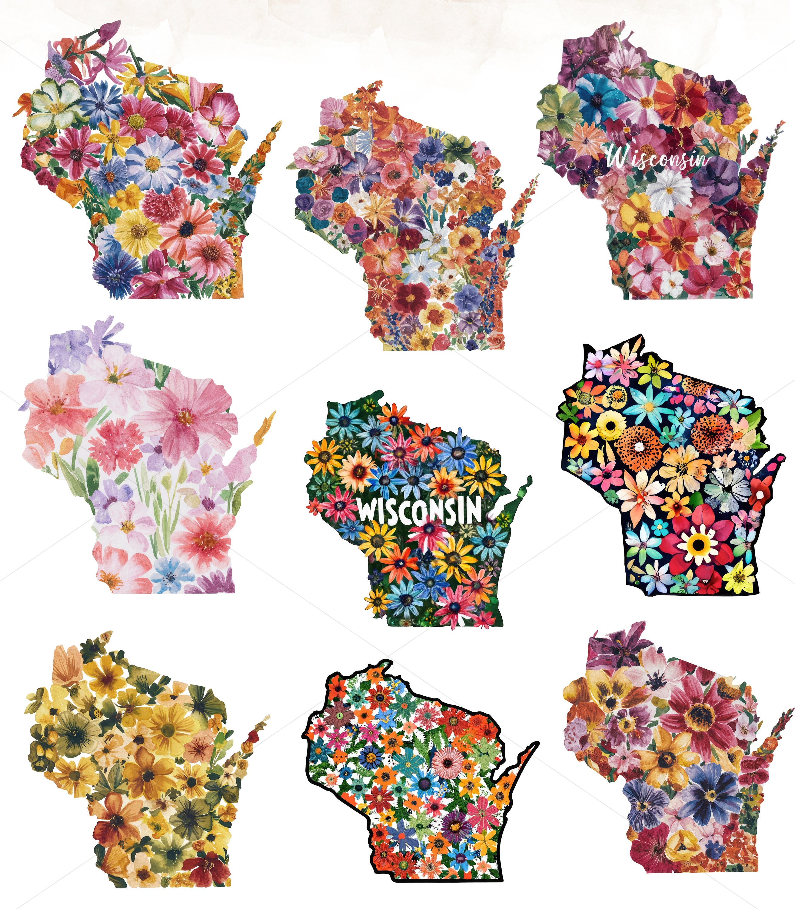 State of Wisconsin Clipart, Wisconsin State PNG, Floral Wisconsin State ...