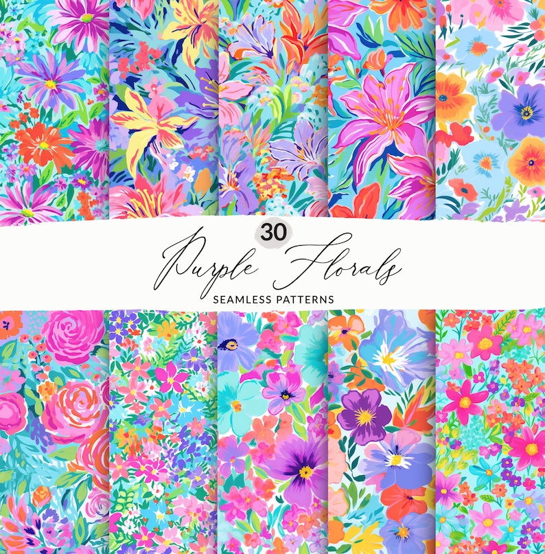 30 Purple Floral Seamless Patterns Purple Flowers, Preppy Spring Flower ...