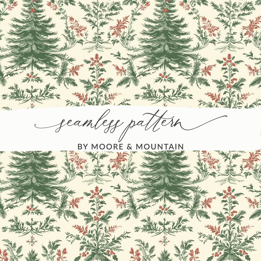 Vintage Tree Toile Seamless Pattern Antique Style Christmas Tree Toile ...