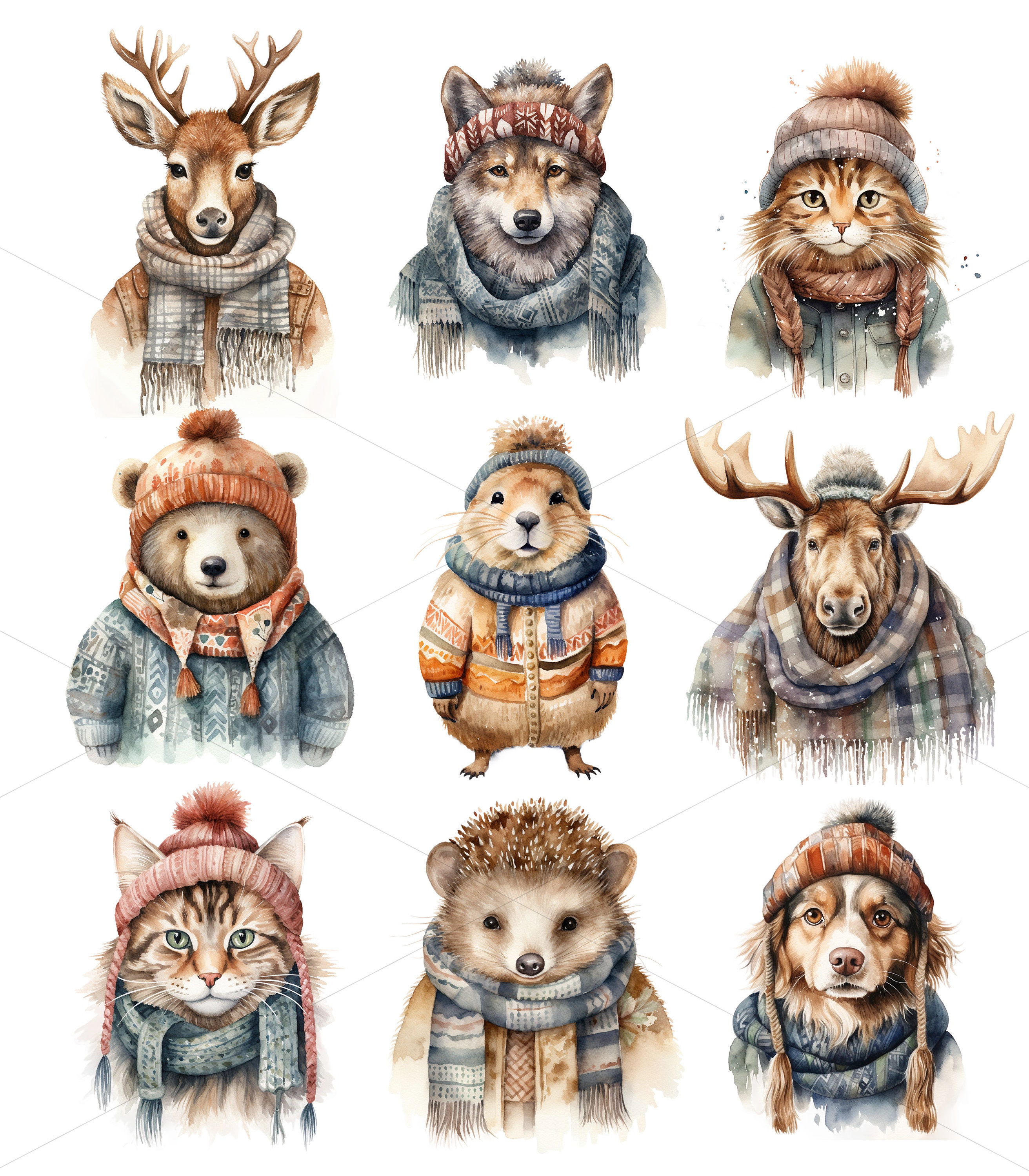 Winter Animals in Sweaters, Winter Animals Clipart, Watercolor Winter ...