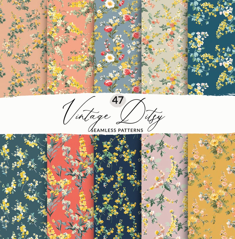 47 Vintage Ditsy Floral Pattern Set, Muted Color Ditsy Flower Patterns ...