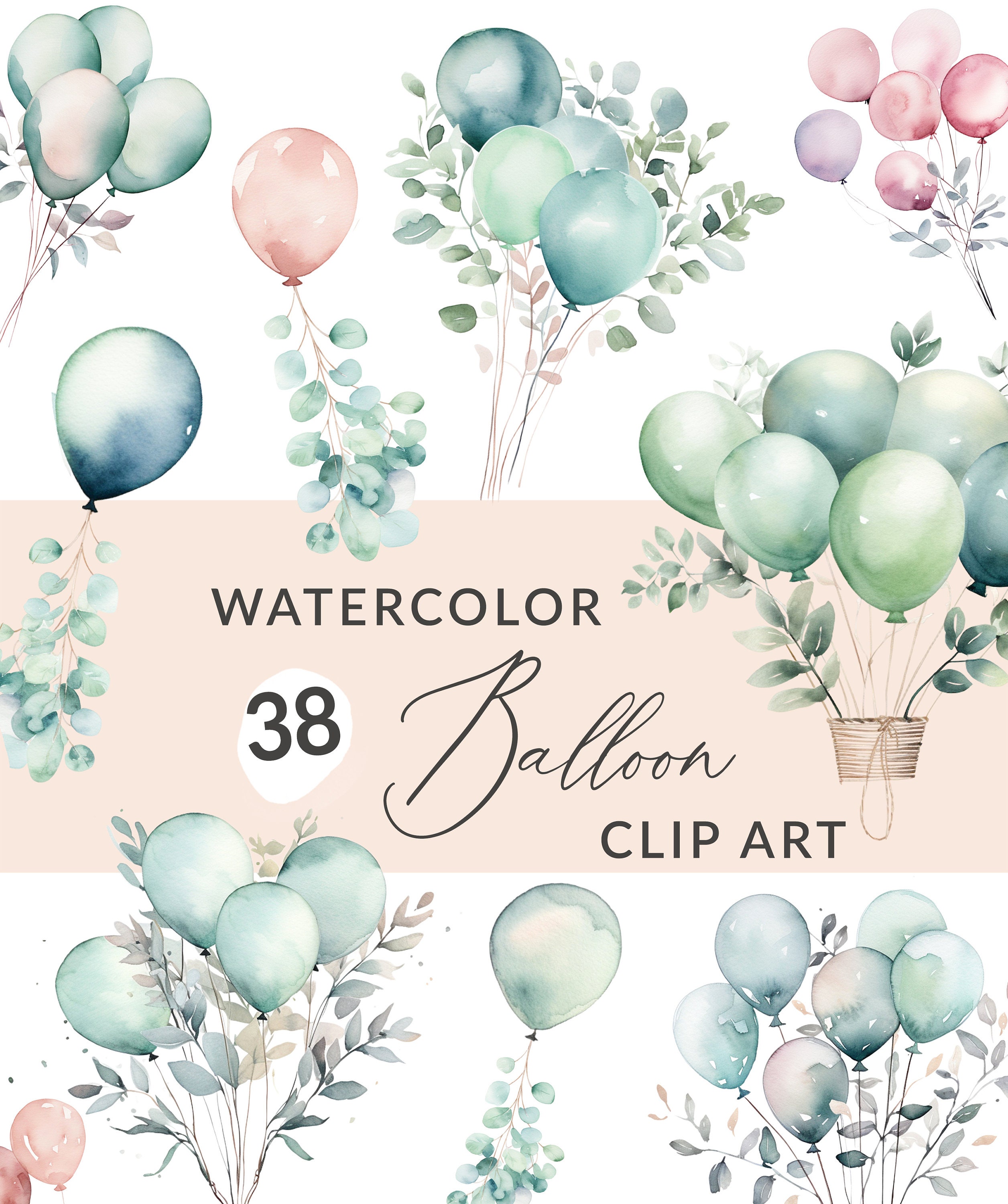 Watercolor Clipart Balloons, Watercolor Balloon Clip Art, Watercolor ...