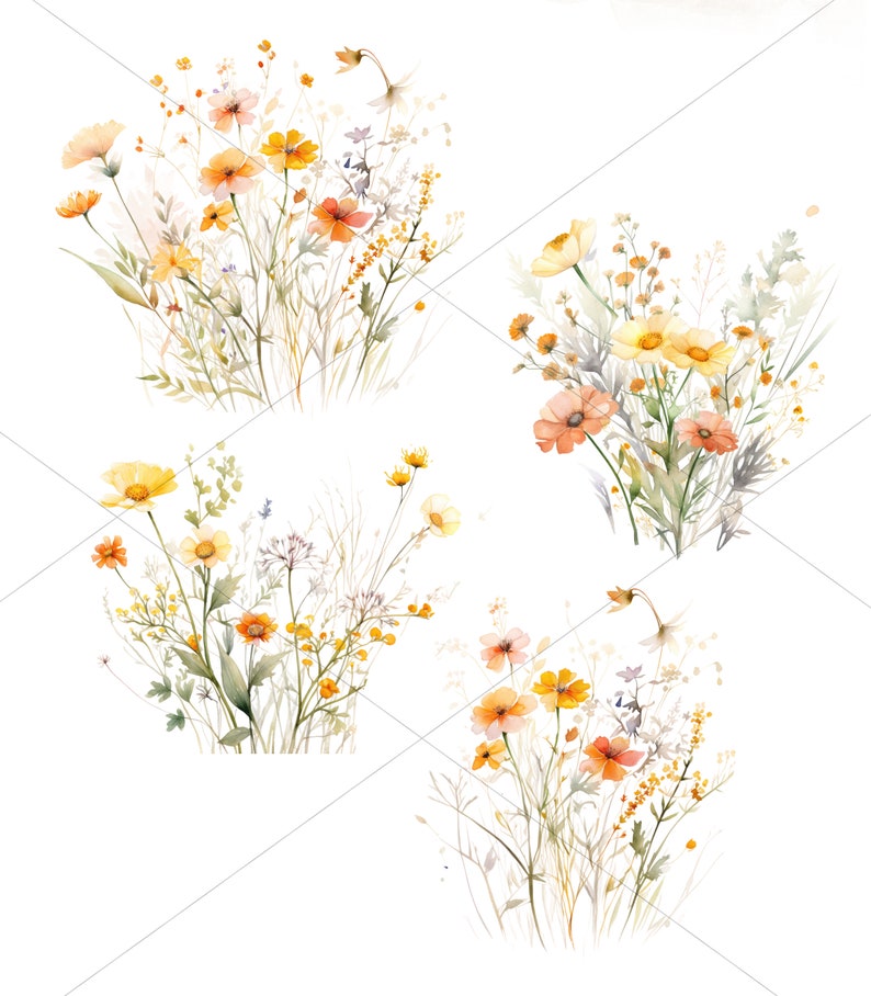 Watercolor Floral Clipart Orange Yellow Watercolor Wildflower Borders ...