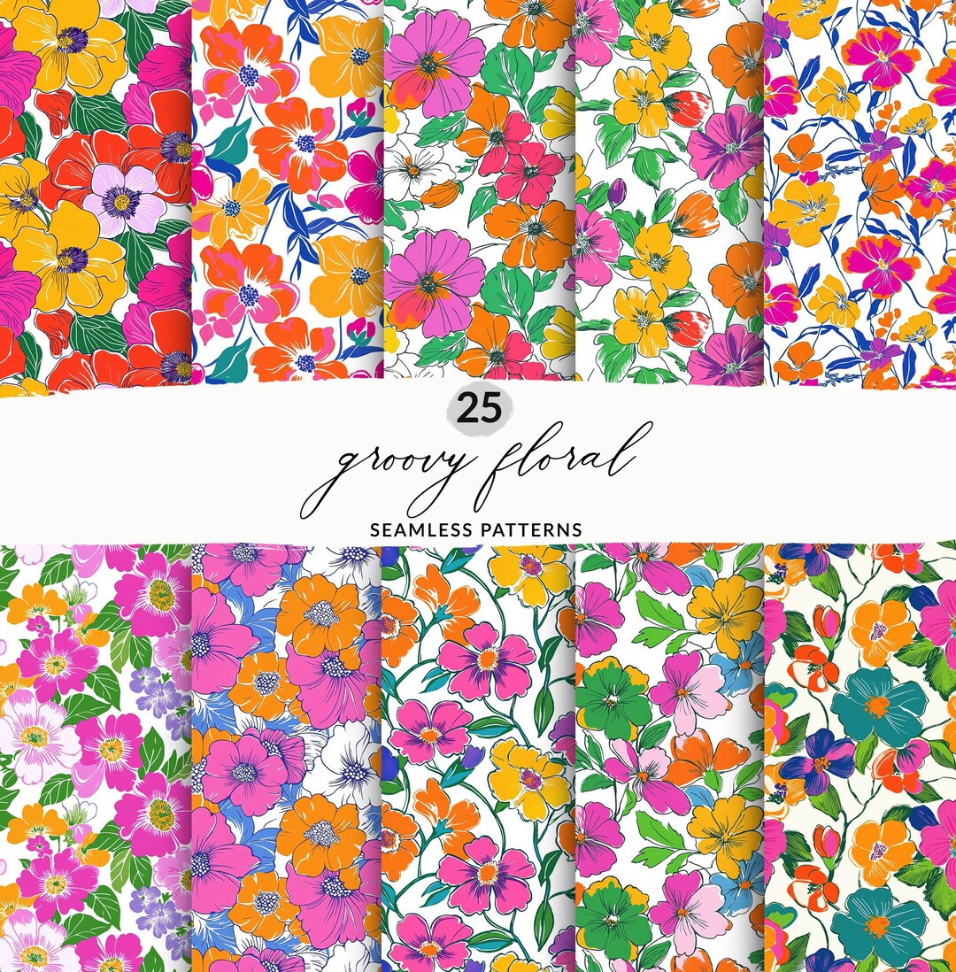 25 Retro Floral Seamless Digital Paper, Groovy 70s Patterns, 1960s ...