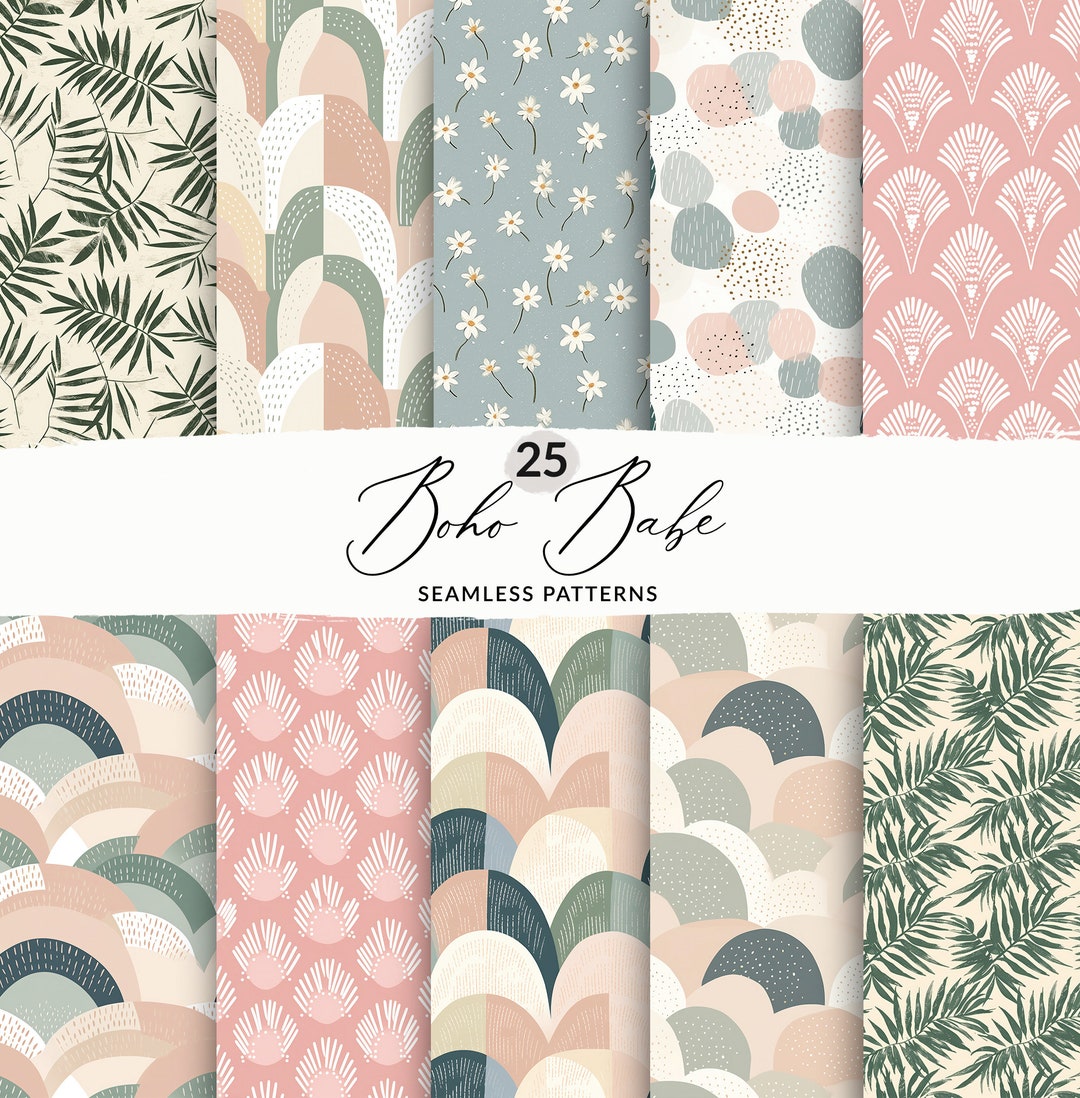 25 Boho Line Art Patterns, Modern Boho Seamless Pattern Set, Sage Green ...