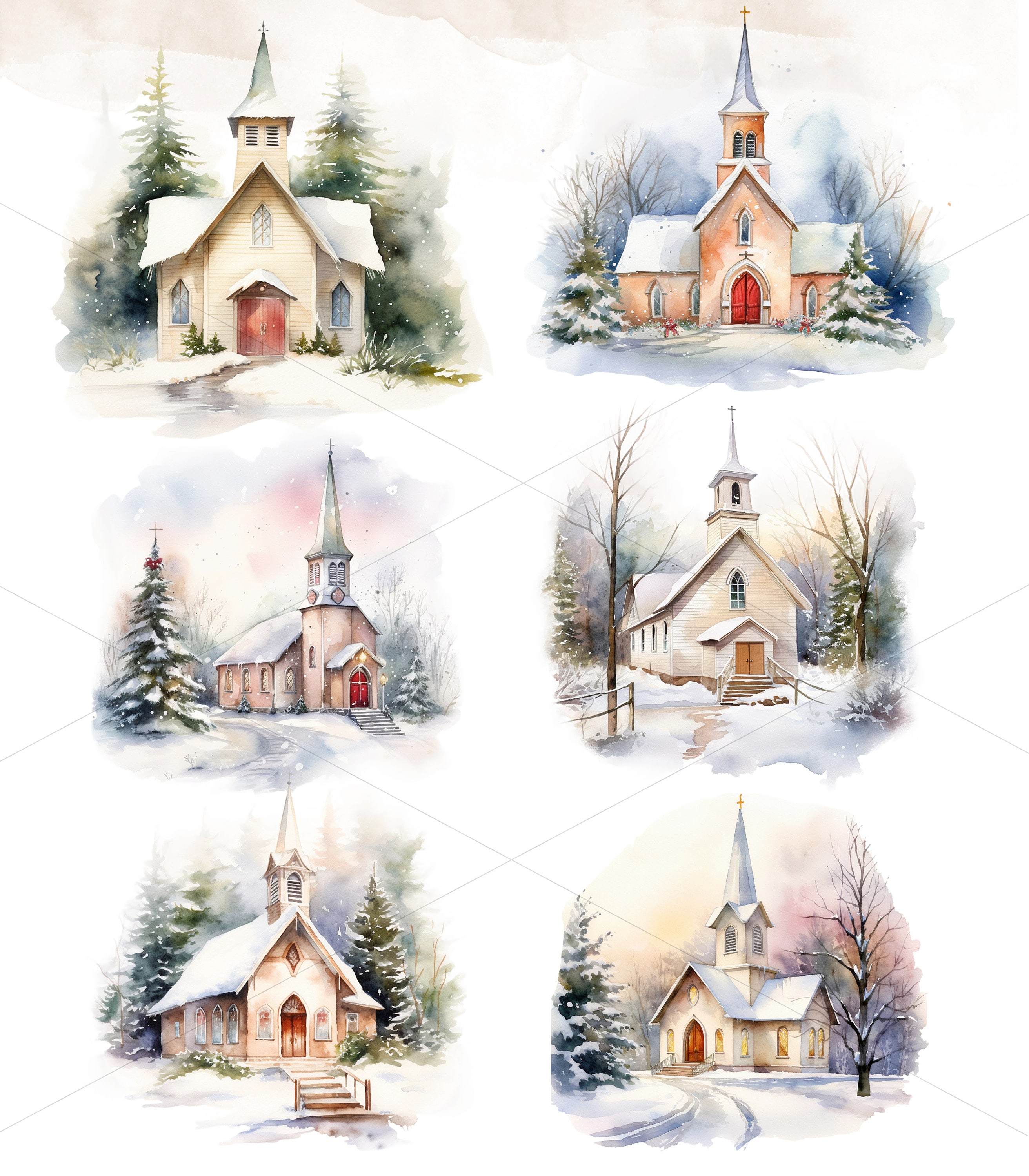 Watercolor Church Clipart, Winter Church Scene, Christmas Church ...