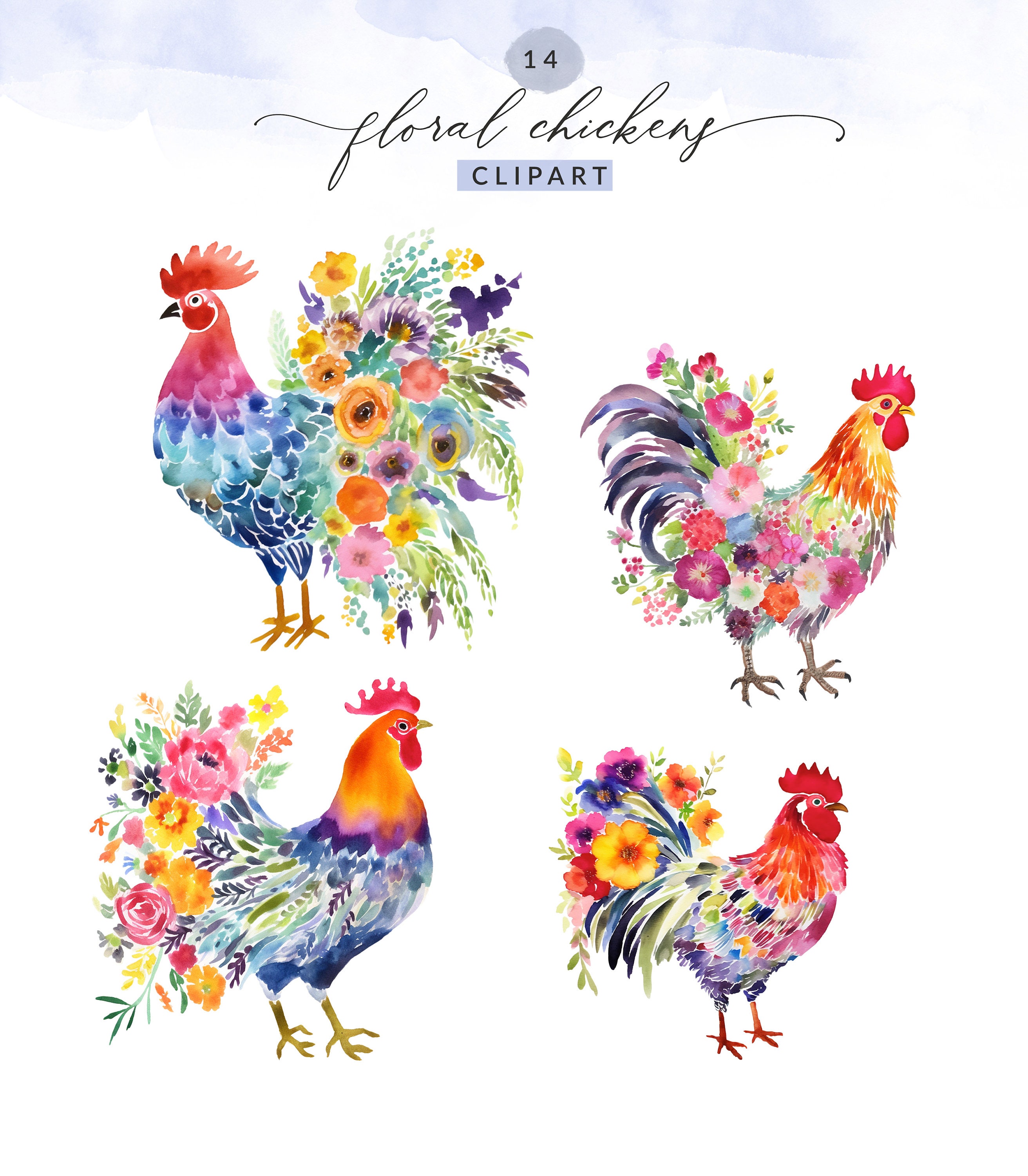 Watercolor Chicken Clipart, Floral Chicken Clipart, Watercolor Rooster ...