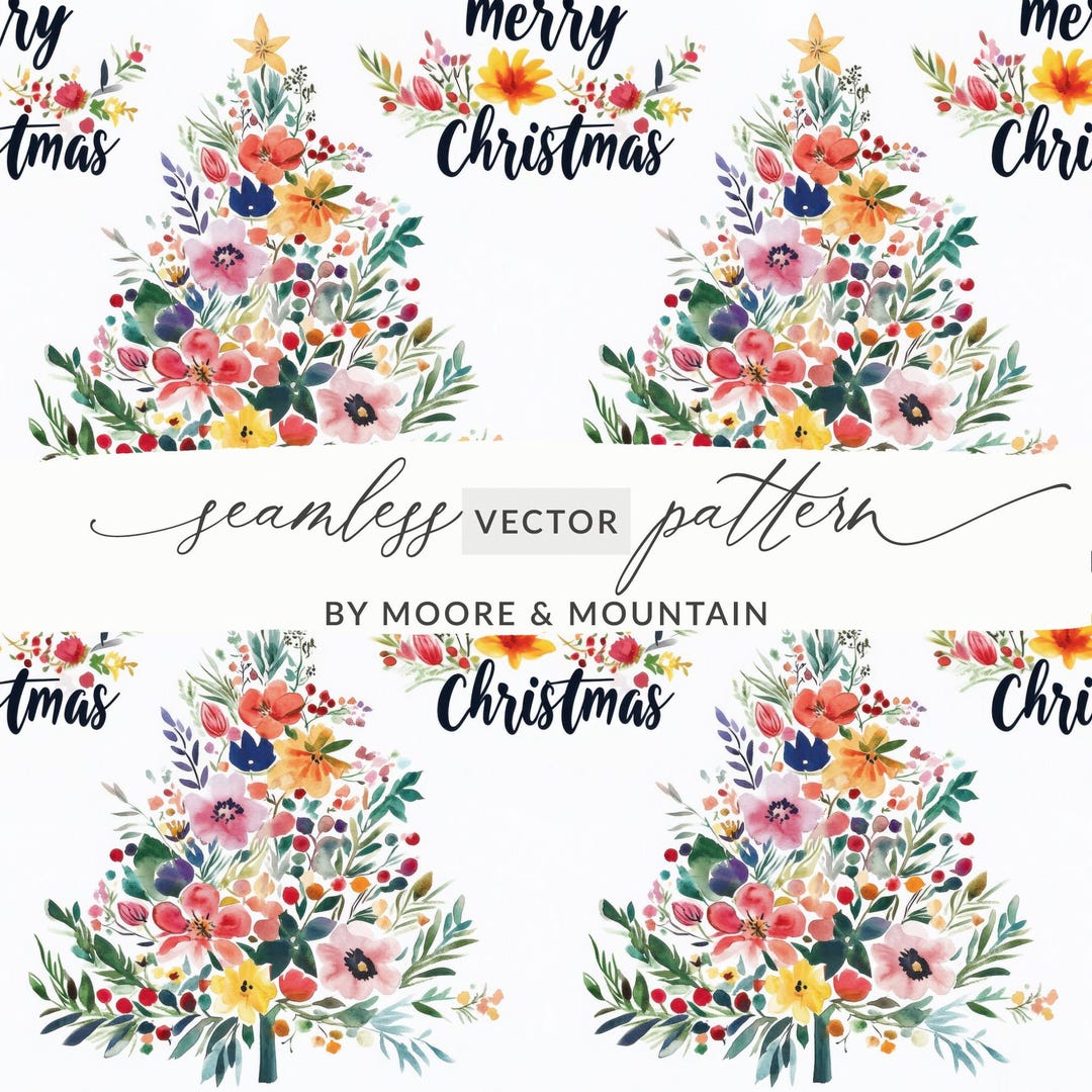 VECTOR Floral Christmas Tree Digital Paper, Watercolor Pattern, EPS ...