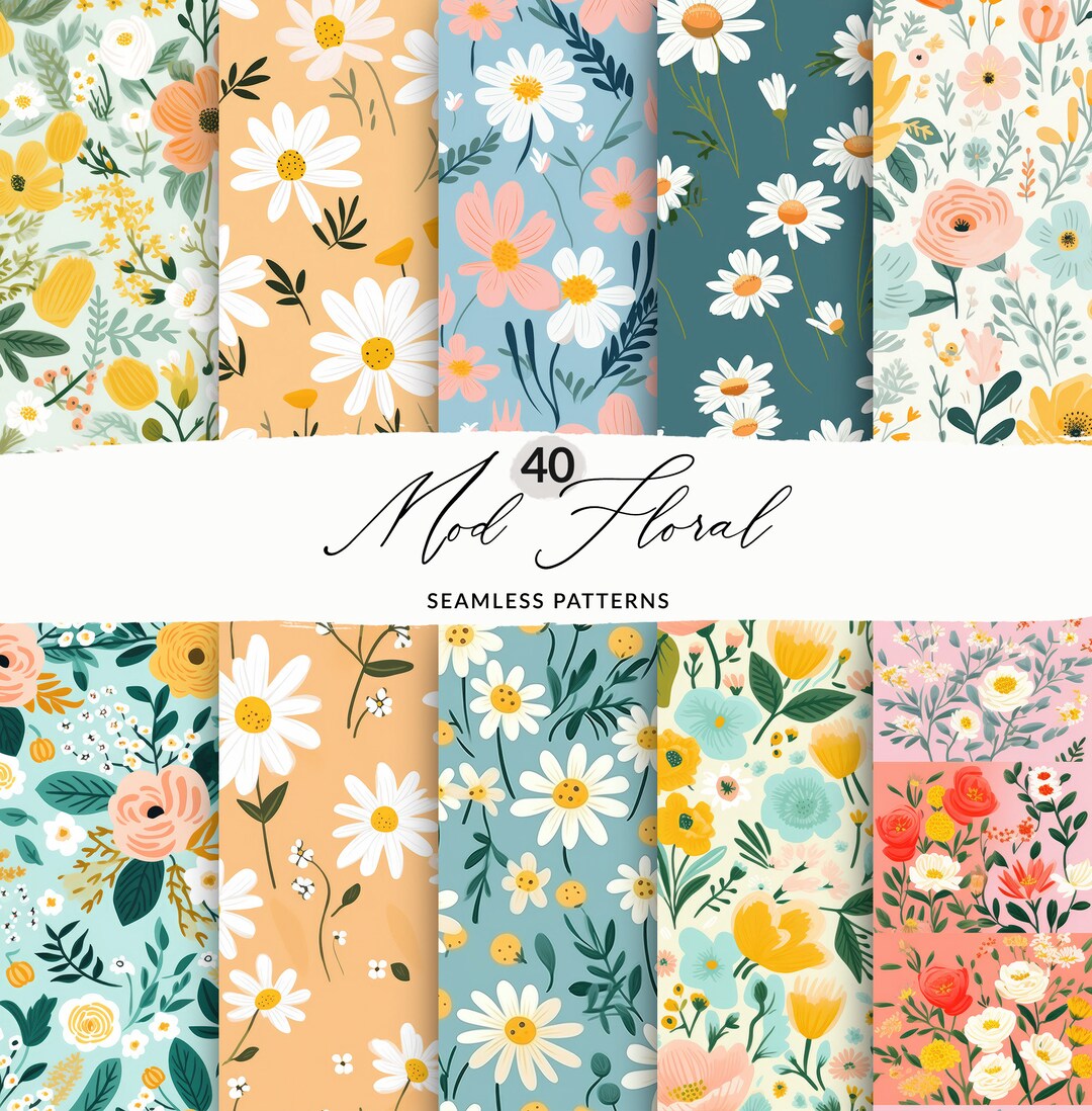 40 Seamless Retro Daisy Patterns, Seamless Mod Floral Patterns, Retro ...