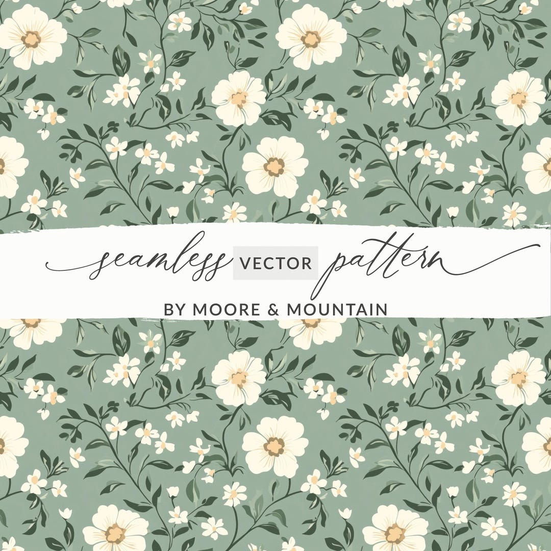 Floral VECTOR Seamless Pattern, White Flowers, Sage Green Digital Paper ...