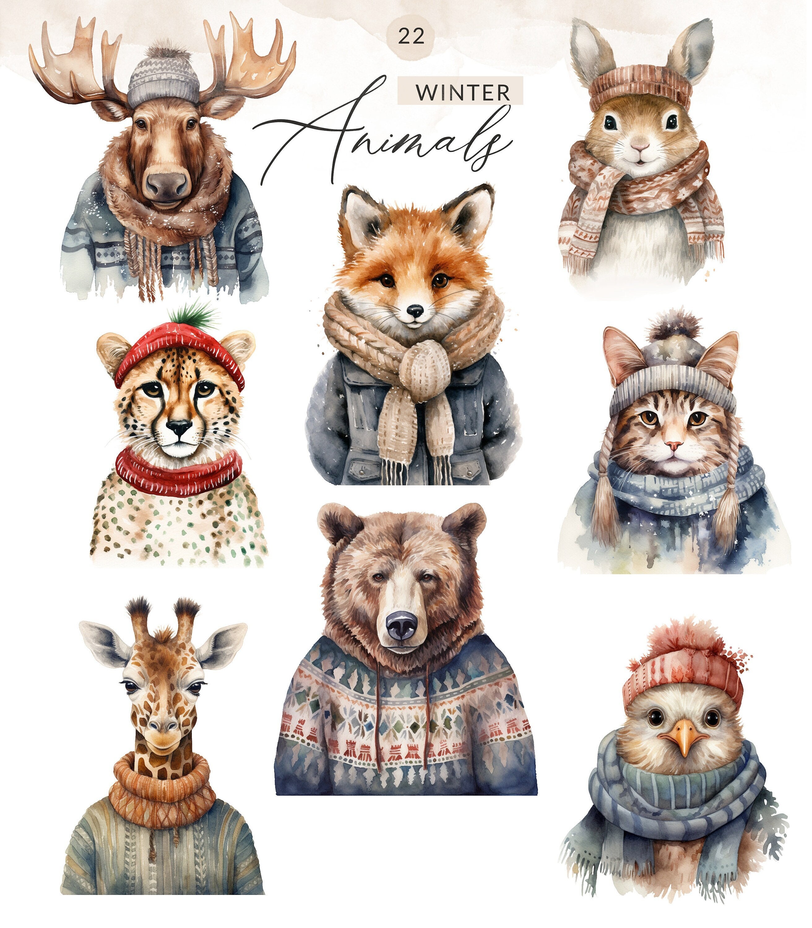 Winter Animals in Sweaters, Winter Animals Clipart, Watercolor Winter ...