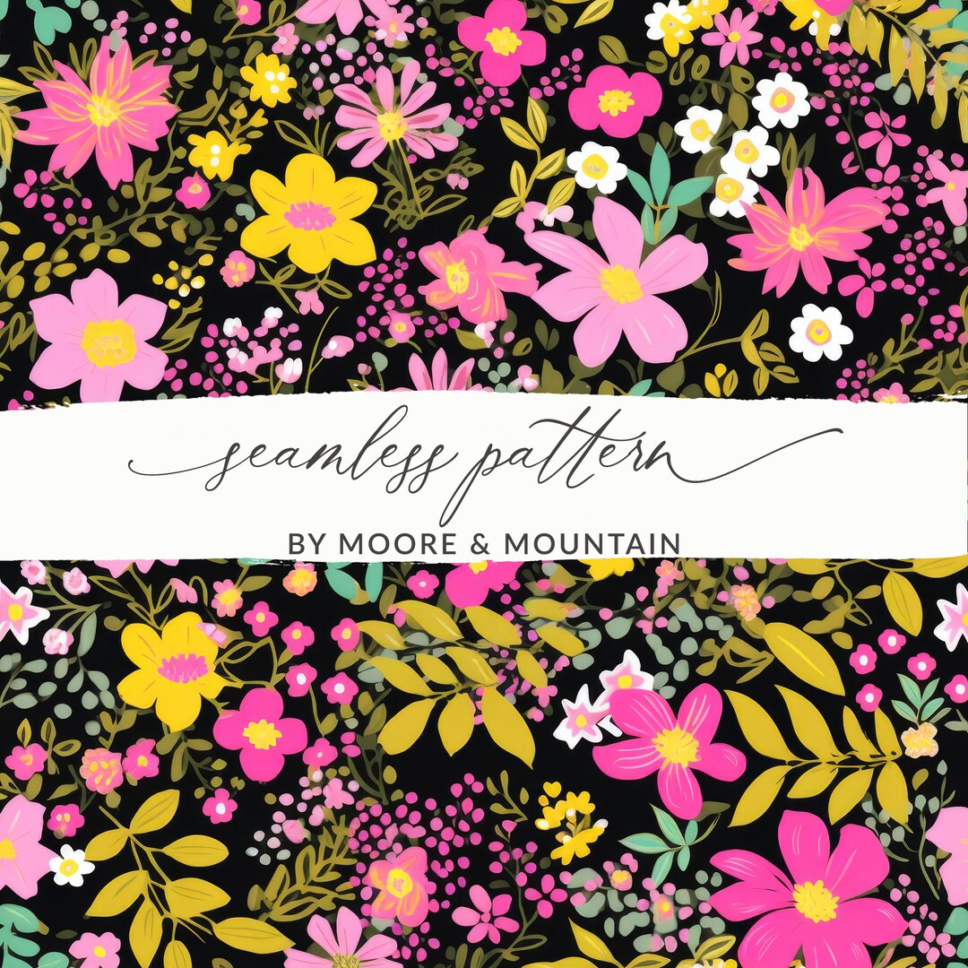 Seamless Hot Pink and Black Ditsy Floral Pattern, Seamless Pink and ...