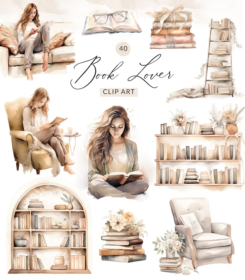 Booklover Clipart, Watercolor Books Clipart, Bookshelf Clipart ...