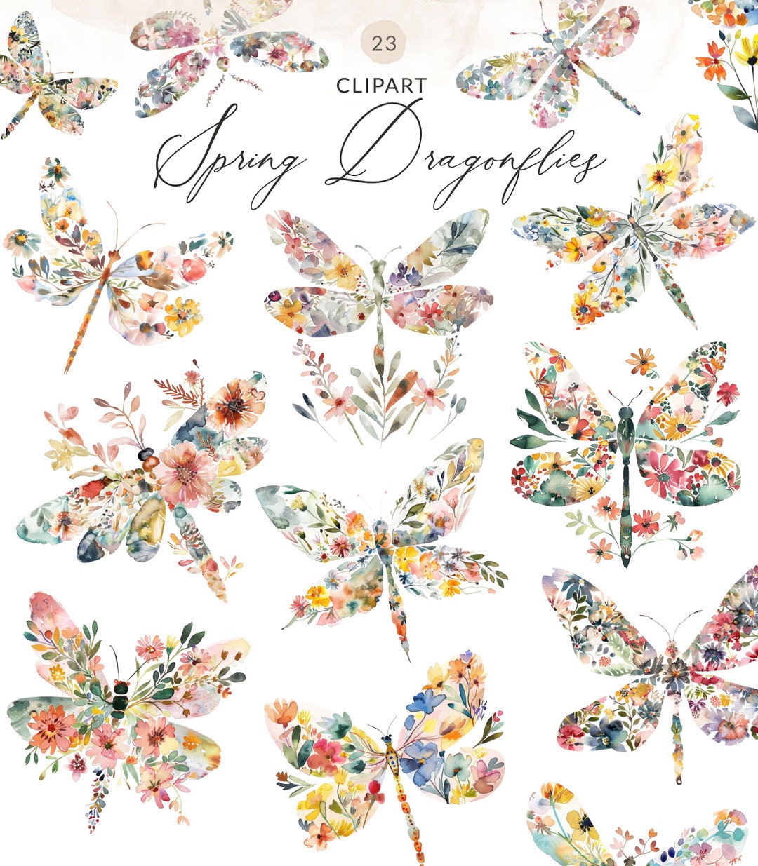 Painted Dragonflies Clipart Spring, Boho Dragonfly Clipart, Floral ...