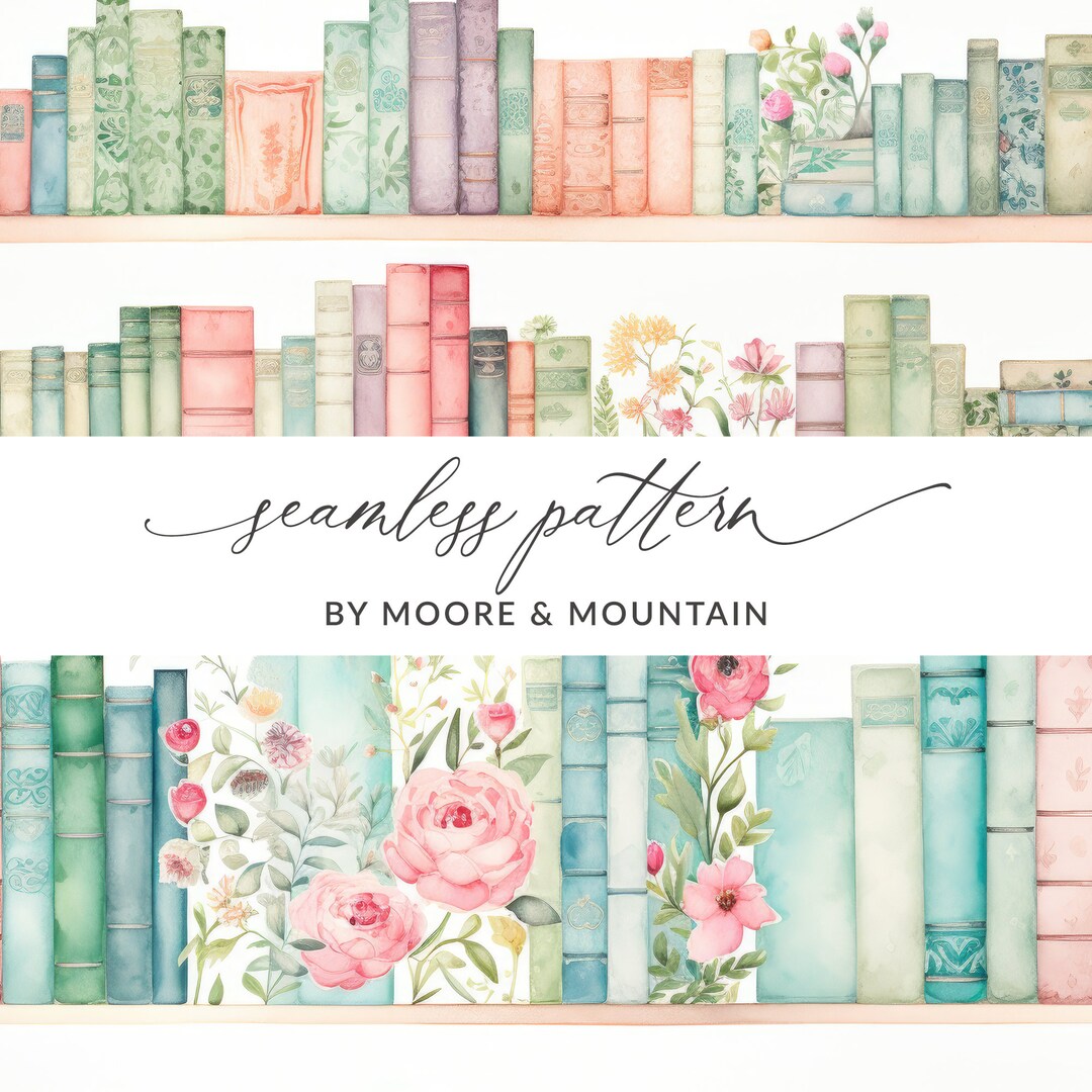 Floral Bookshelf Seamless Background, Cute Watercolor Bookshelf Pattern ...