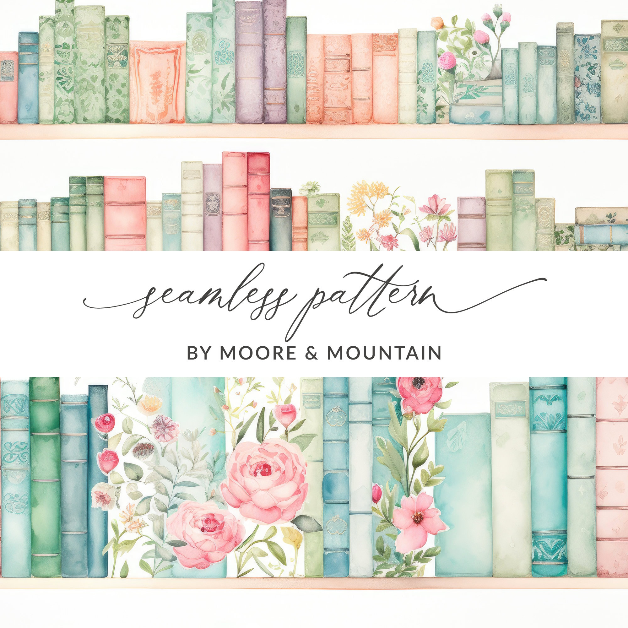 Floral Bookshelf Seamless Background, Cute Watercolor Bookshelf Pattern ...