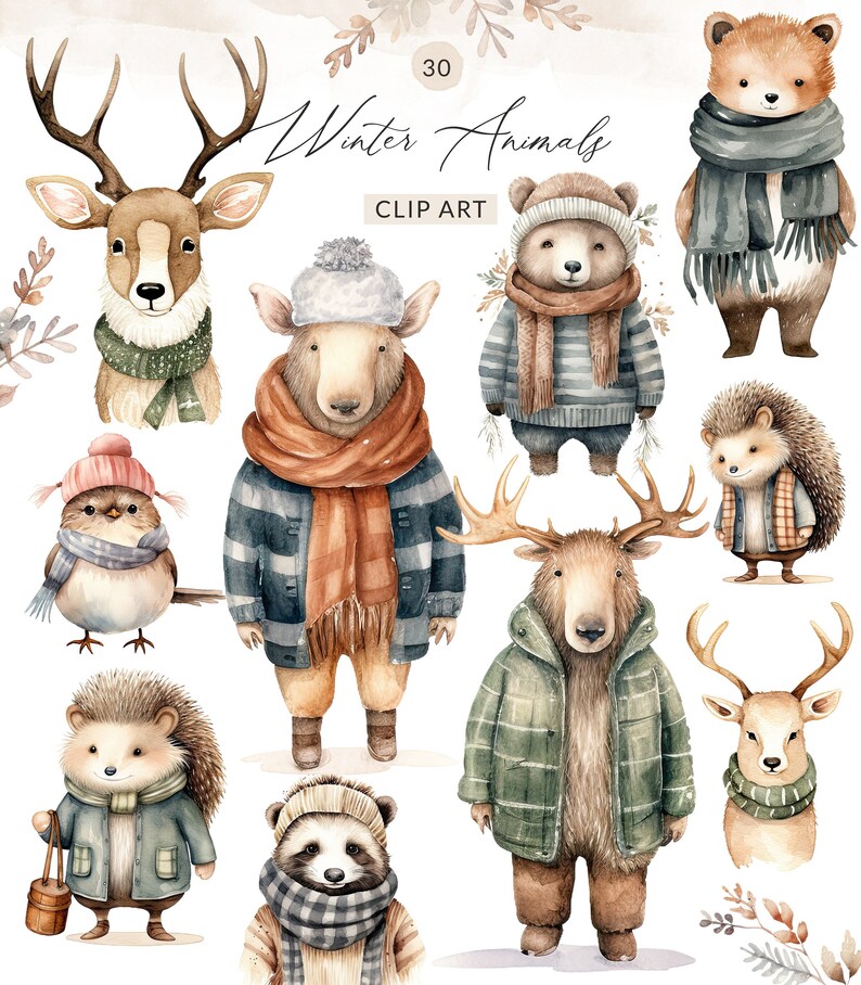 30 Watercolor Winter Animals Clipart, Winter Animals in Sweaters ...