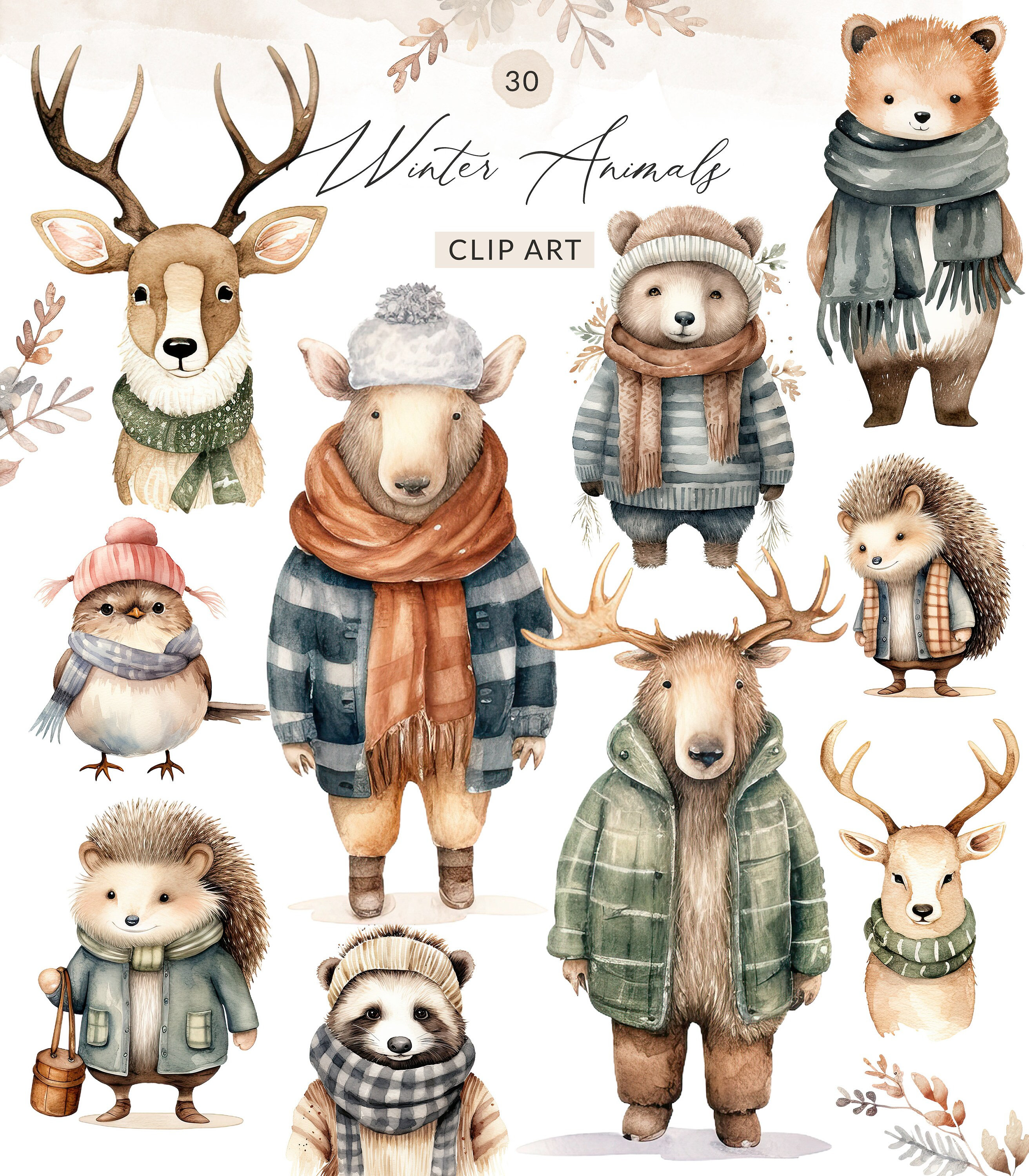 30 Watercolor Winter Animals Clipart, Winter Animals in Sweaters ...