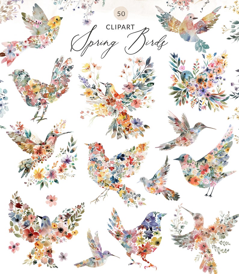 Spring Birds Clipart, Floral Bird Clip Art Set, Boho Bird Clipart ...