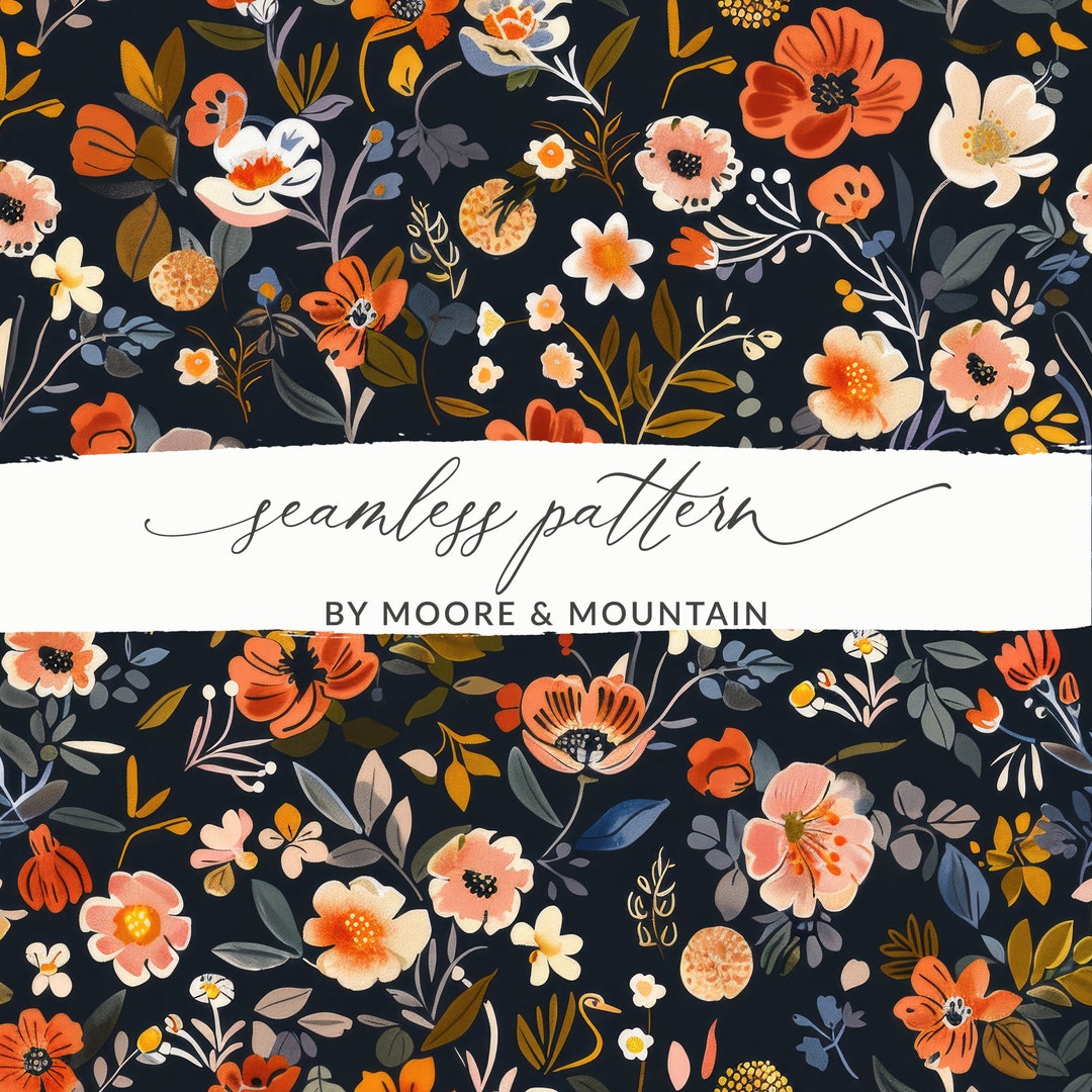 Dark Fall Floral Seamless Pattern, Fall Colored Flowers Pattern, Black ...