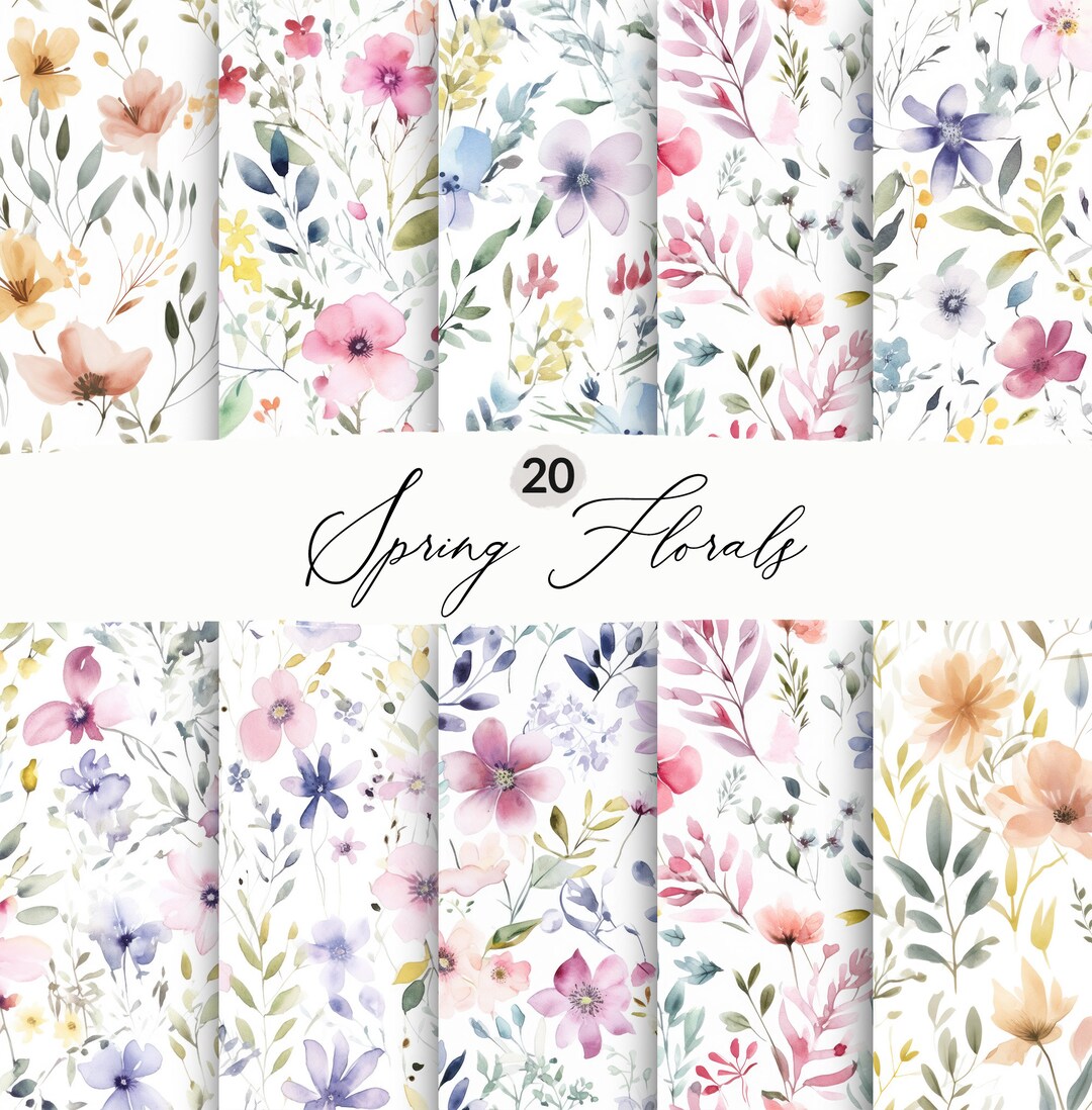 Painted Spring Flora Seamless Patterns Watercolor, Wild Meadow Digital ...