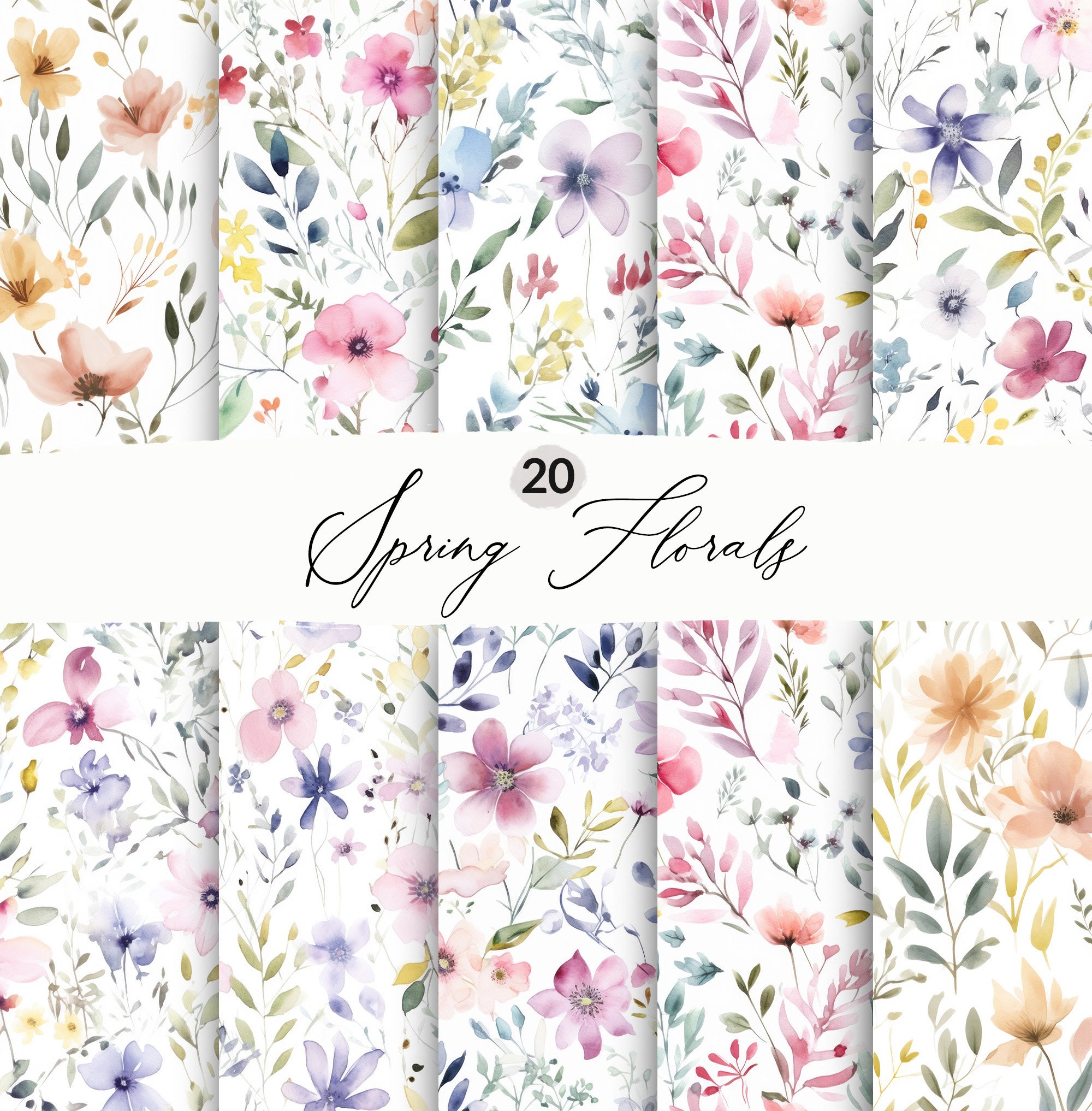 Painted Spring Flora Seamless Patterns Watercolor, Wild Meadow Digital ...