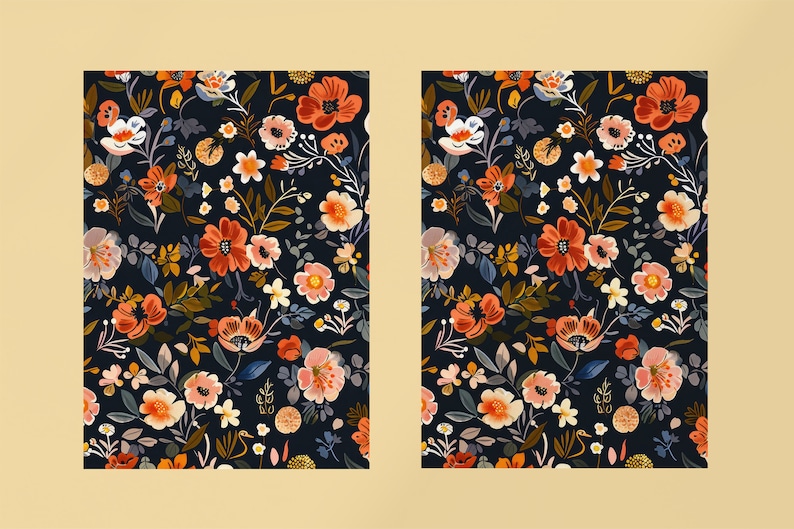Dark Fall Floral Seamless Pattern, Fall Colored Flowers Pattern, Black ...