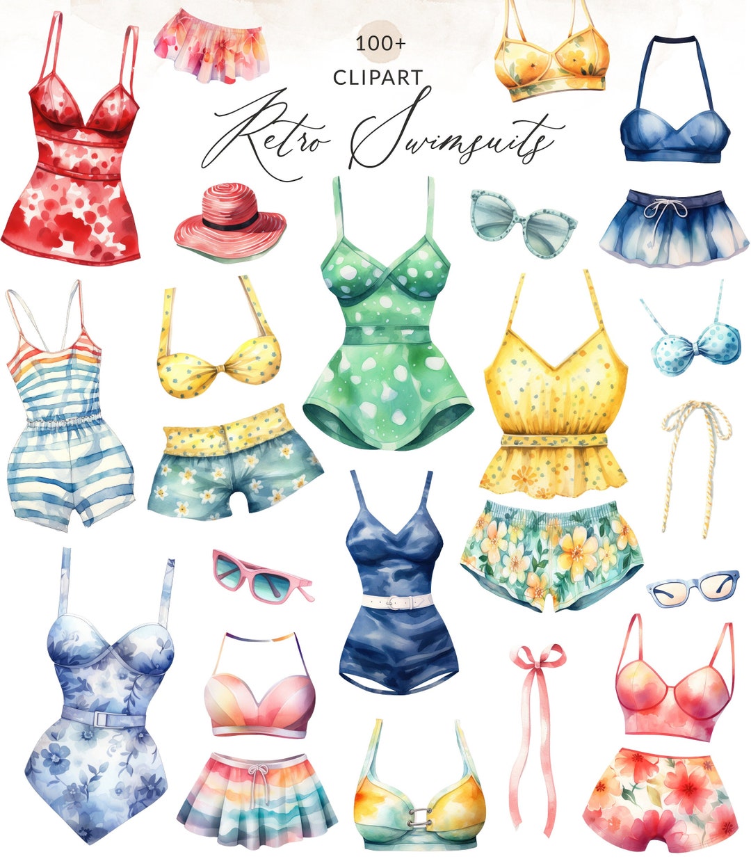 100 Watercolor Bikini Clipart Swimsuits, Retro Swimsuit Clip Art ...