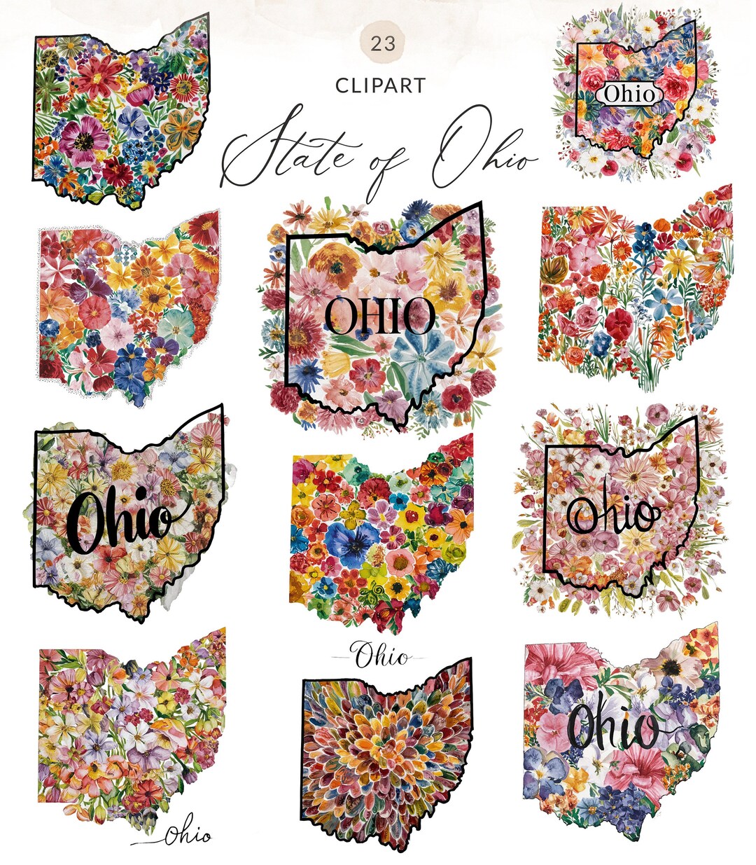 State of Ohio Clipart, Ohio State PNG, Floral Ohio State With Flowers ...