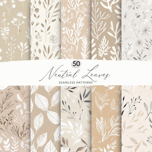 50 Seamless Neutral Pattern, Neutral Leaves Background Patterns Set ...