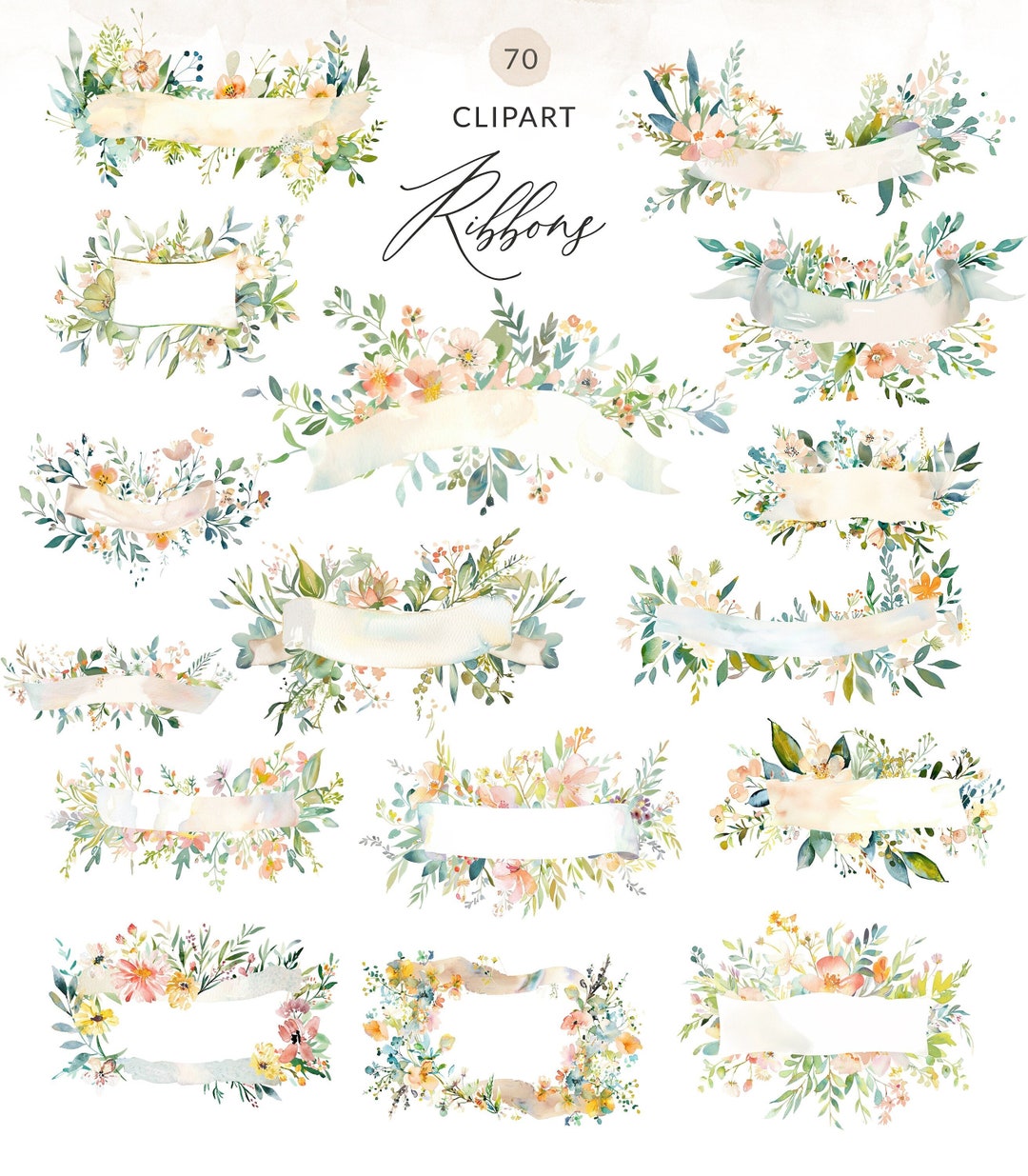 70 Watercolor Ribbons Clipart, Watercolor Bunting Flag Clip Art ...